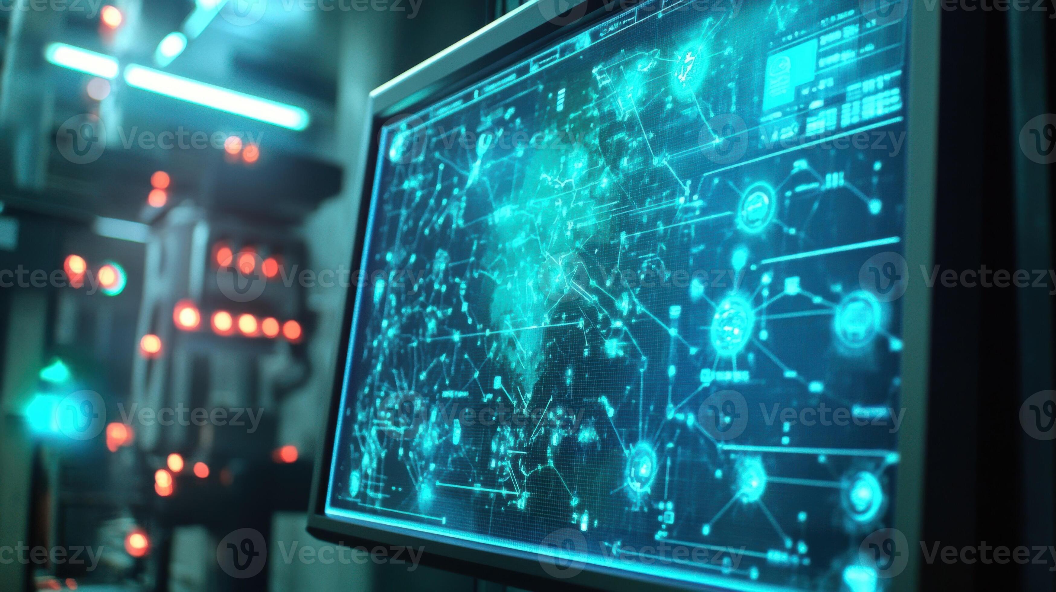 Futuristic Control Room Monitoring Global Network Activity On Computer Screen 55098577 Stock