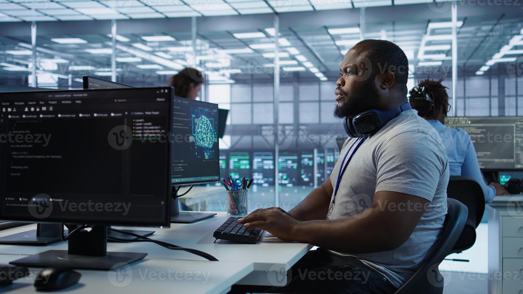 Teamworking Colleagues Updating Ai Systems Writing Intricate Binary