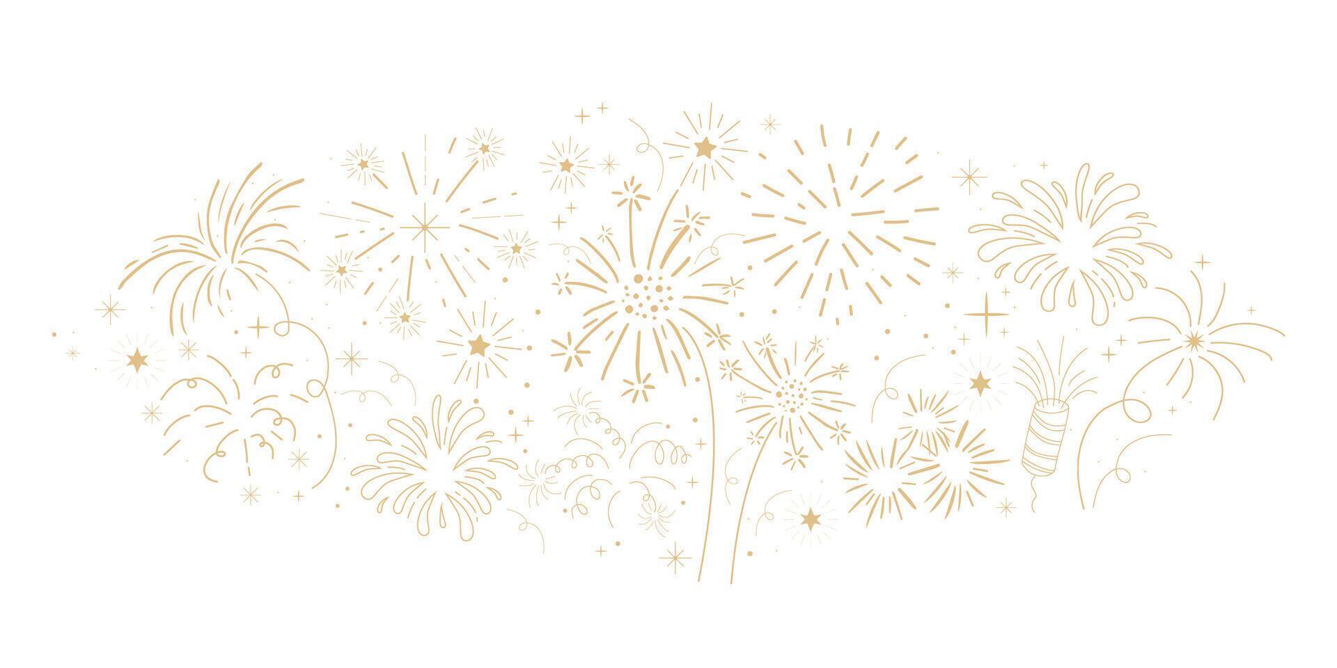 Fireworks festive explosion golden bursts, sparks in doodle style seamless pattern border ...