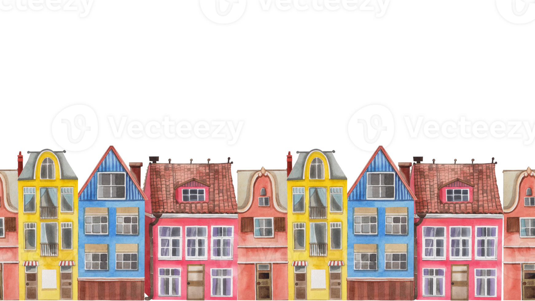 Three multi-storey old houses, seamless watercolor border, all objects ...
