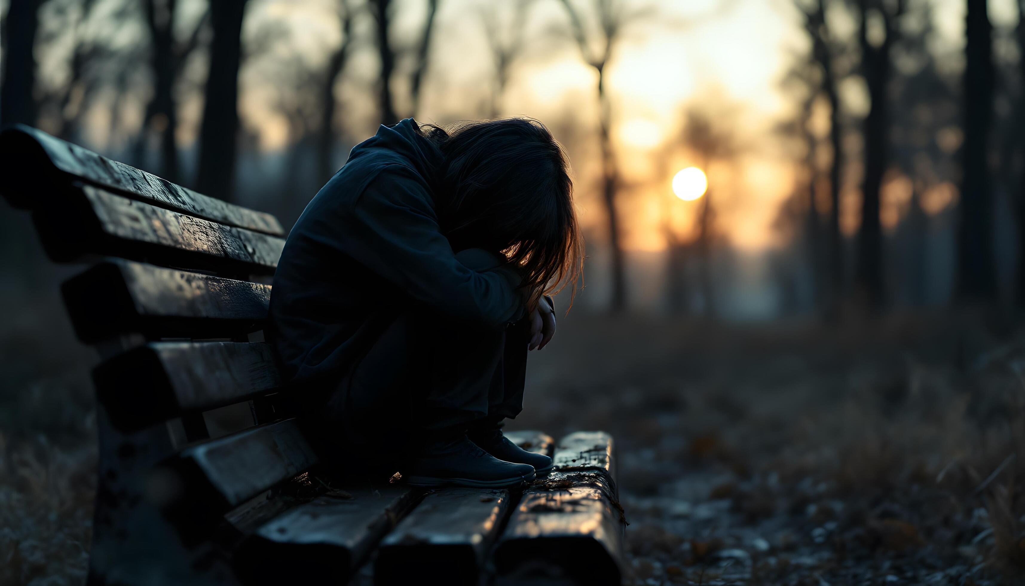 A solitary figure sits hunched on a park bench at dusk, conveying sadness and isolation ...