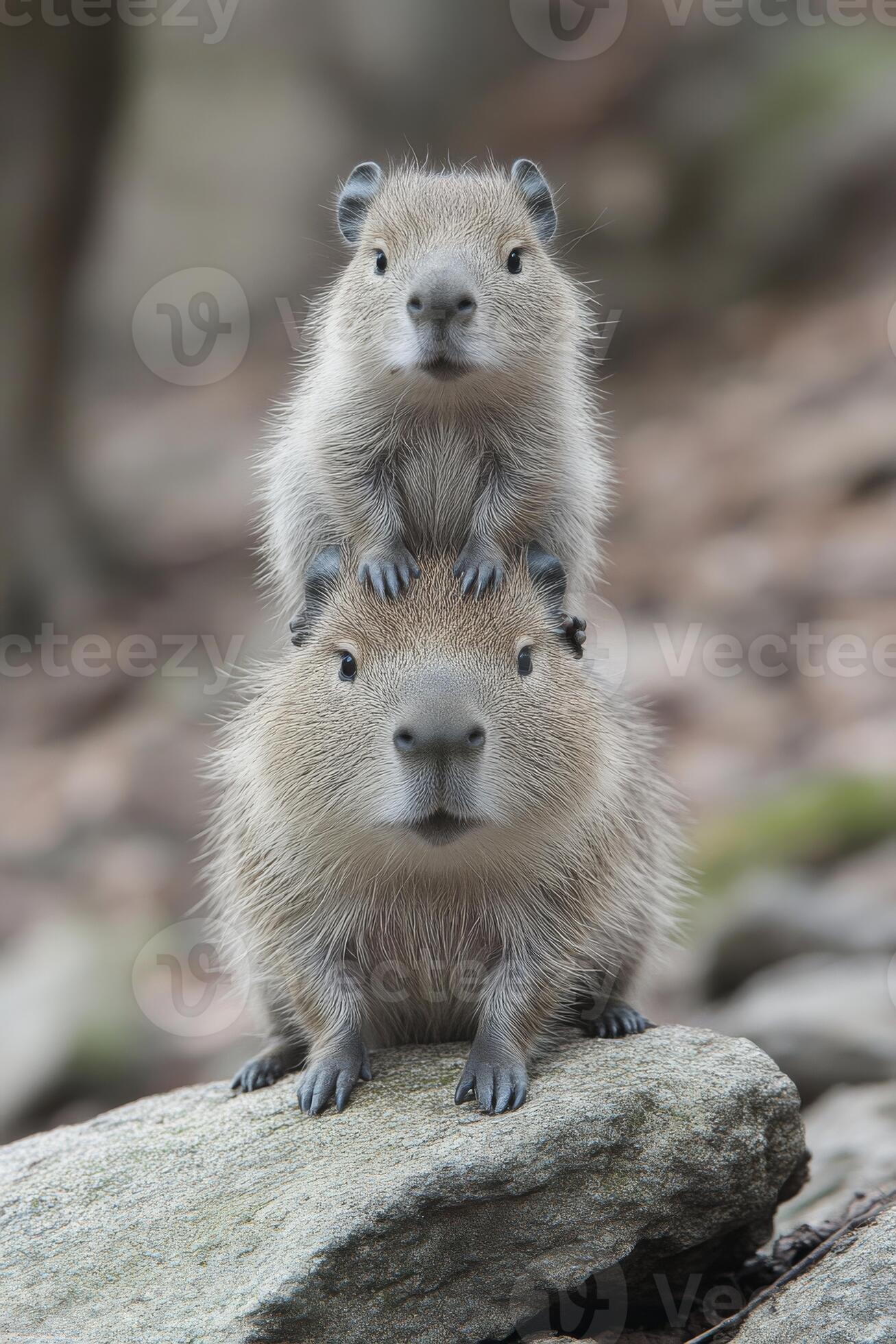 Cuddly capybaras enjoying a playful moment in their natural habitat surrounded by stones and ...