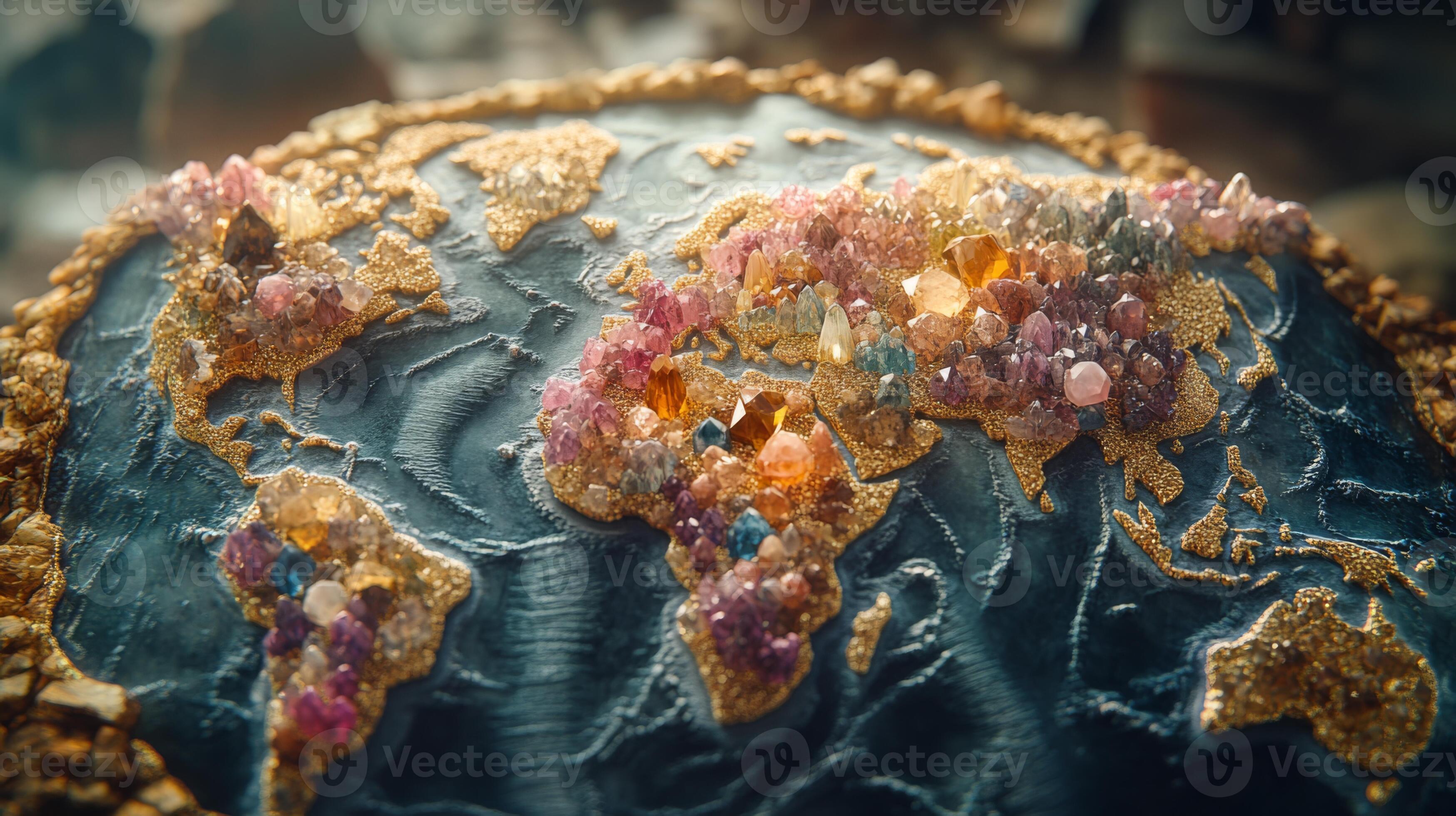 Vivid map of the world crafted from precious gems showcasing intricate detail and colorful ...