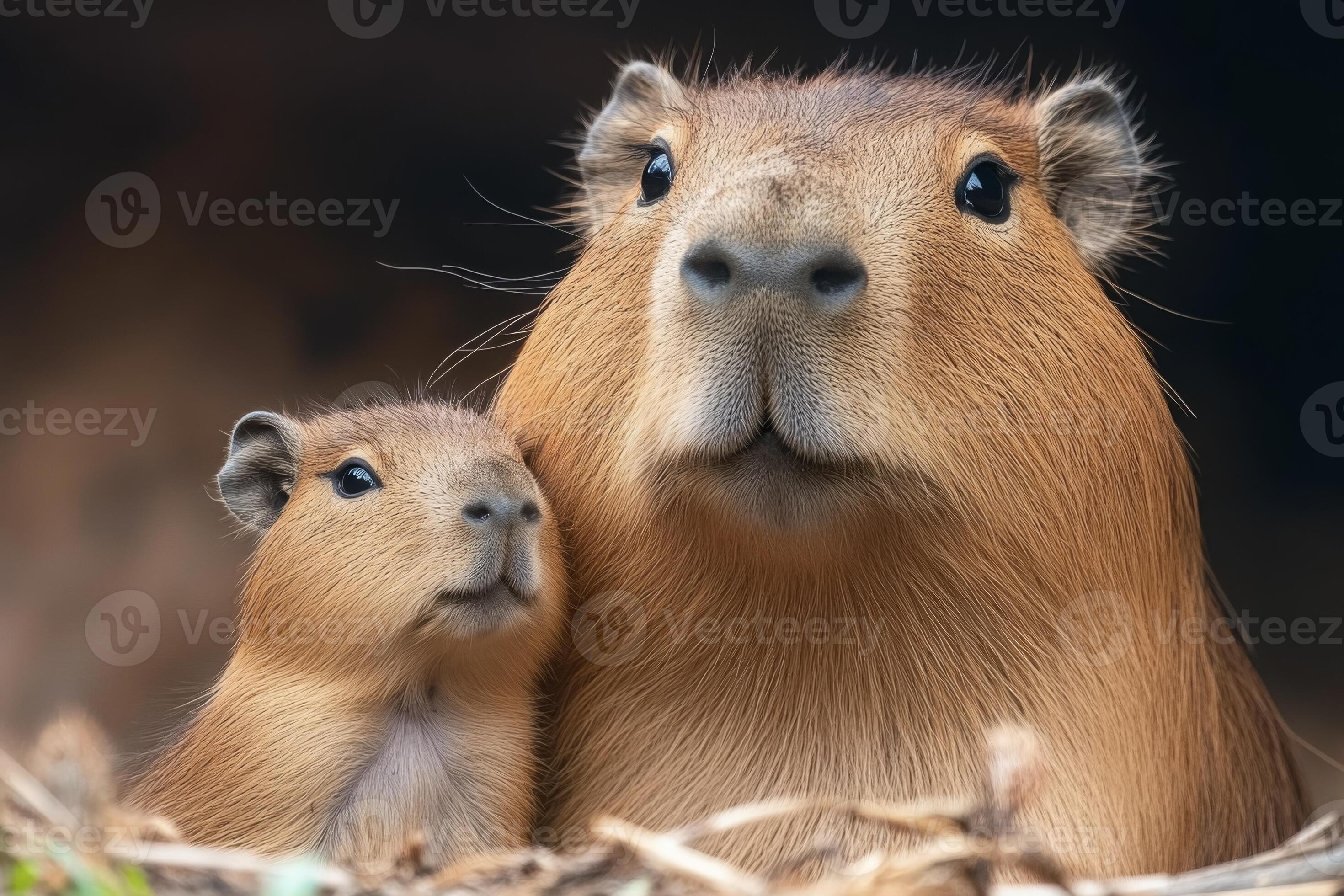Capybara and baby capybara enjoying a peaceful moment together in a natural habitat surrounded ...