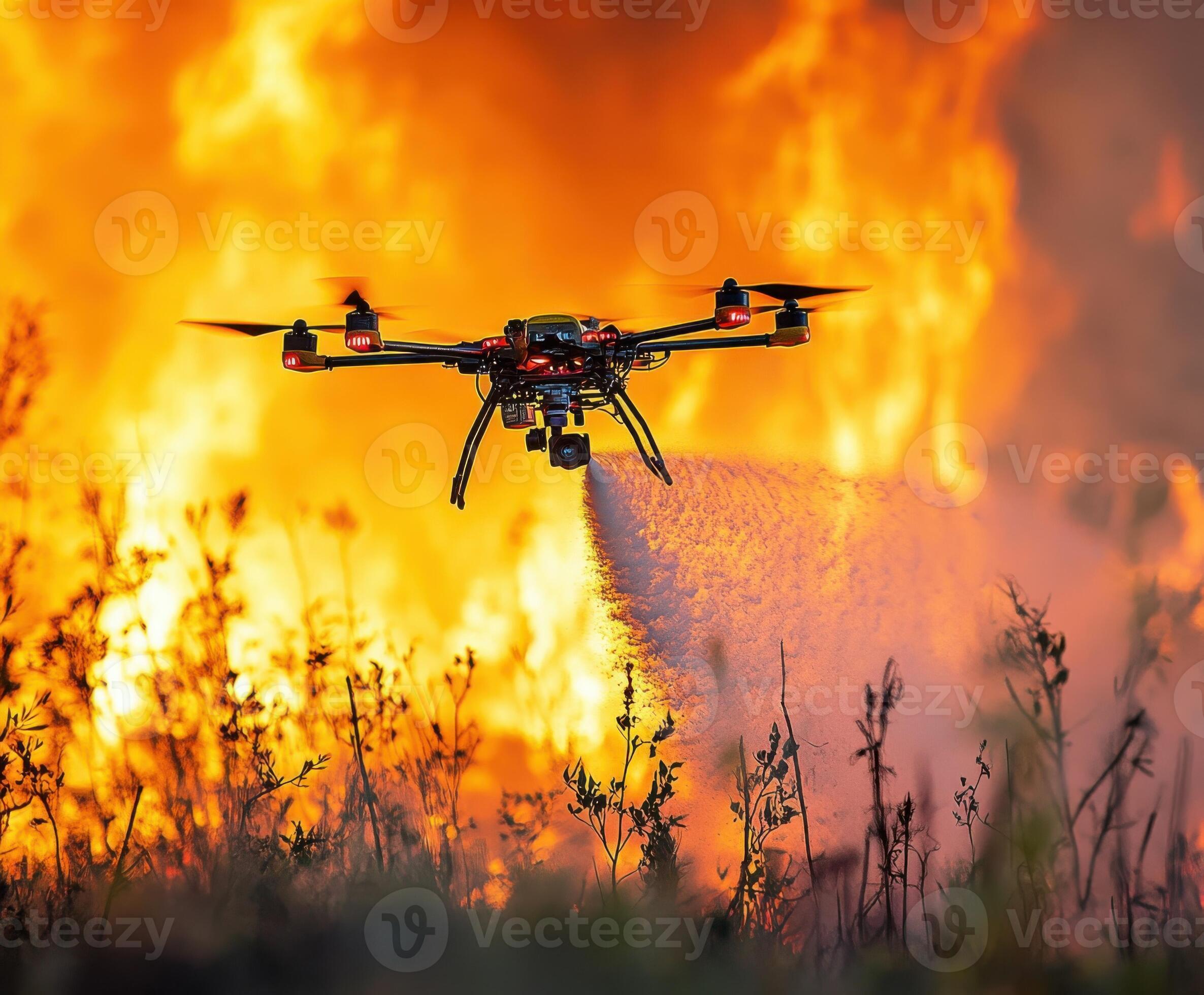 Drone combating wildfire while delivering water in a fiery landscape during daytime 55121596 ...