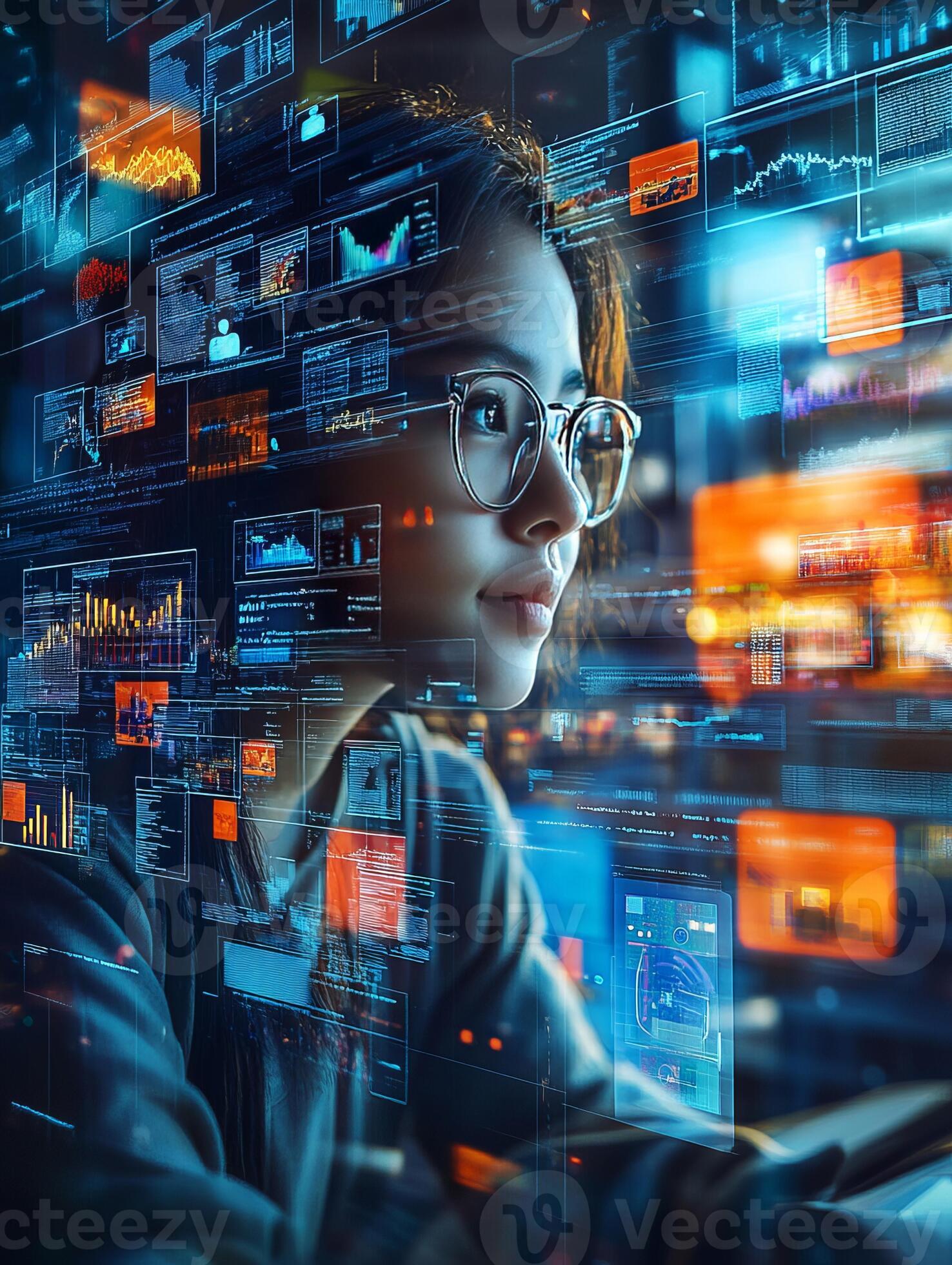 Software engineer analyzing code on transparent digital display in futuristic office 55122537 ...