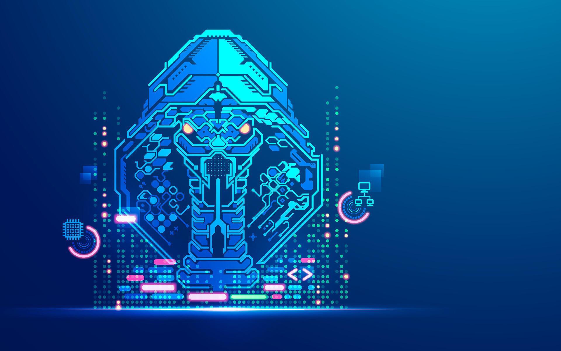 concept of cyber attack or hacker, graphic of futuristic snake presented in computer hacker ...