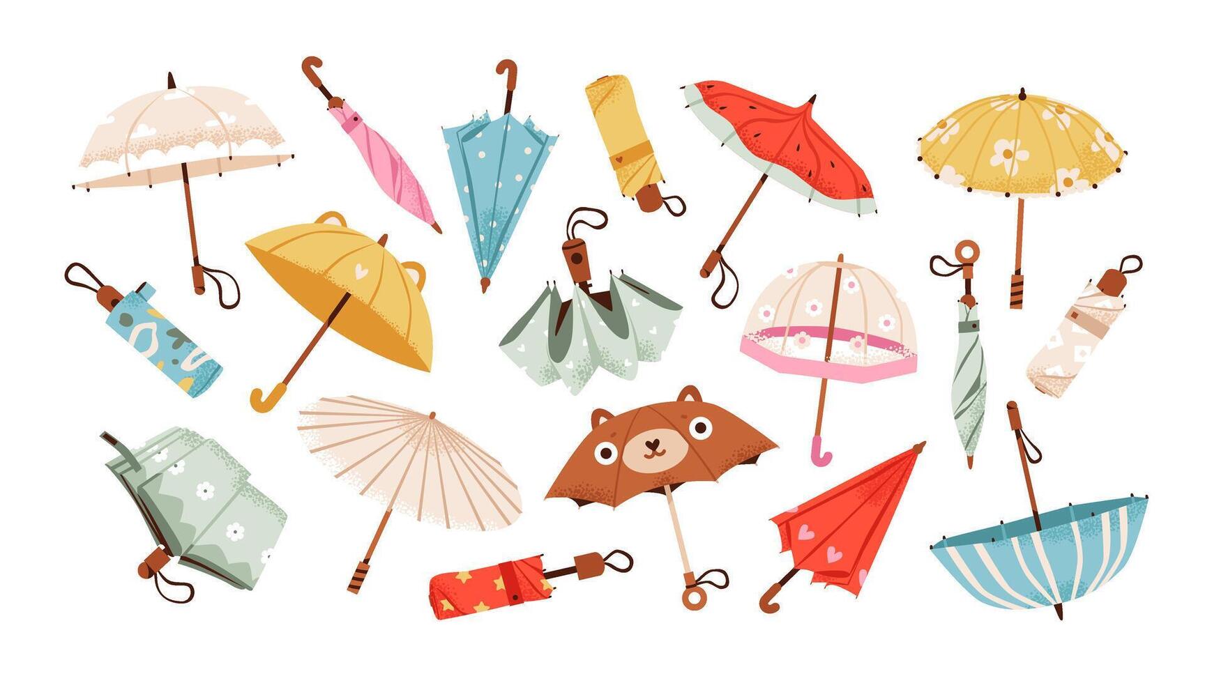 Set of various umbrellas in different positions. Portable umbrellas for travel and rainy weather ...