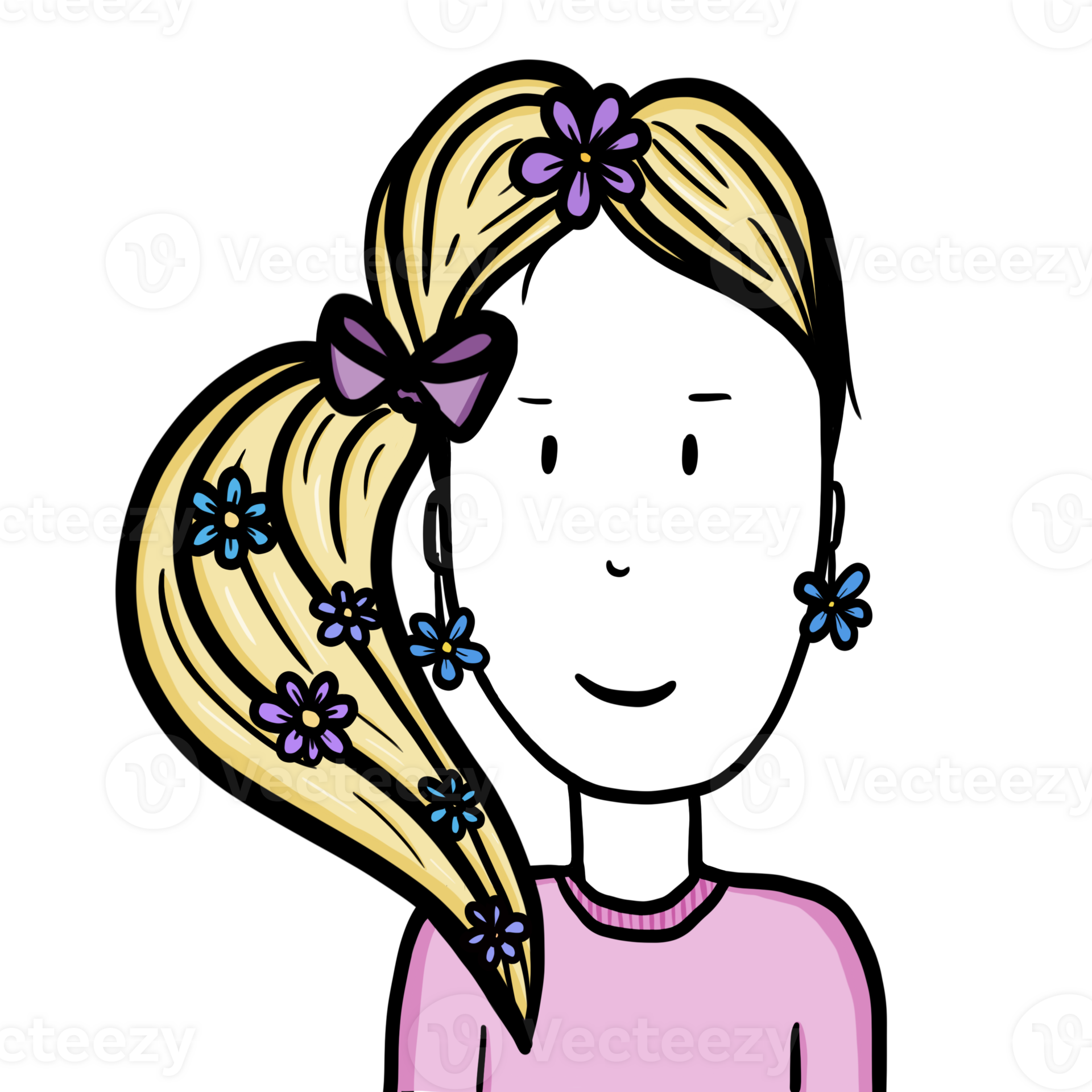 A cute cartoon illustration of a girl with ponytail, wearing floral earrings and flowers in her ...