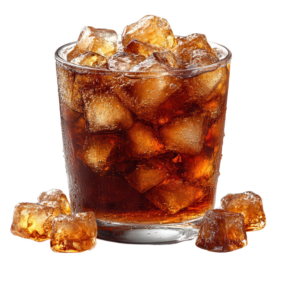 Refreshing glass of cola filled with ice cubes captured in bright lighting isolated on ...