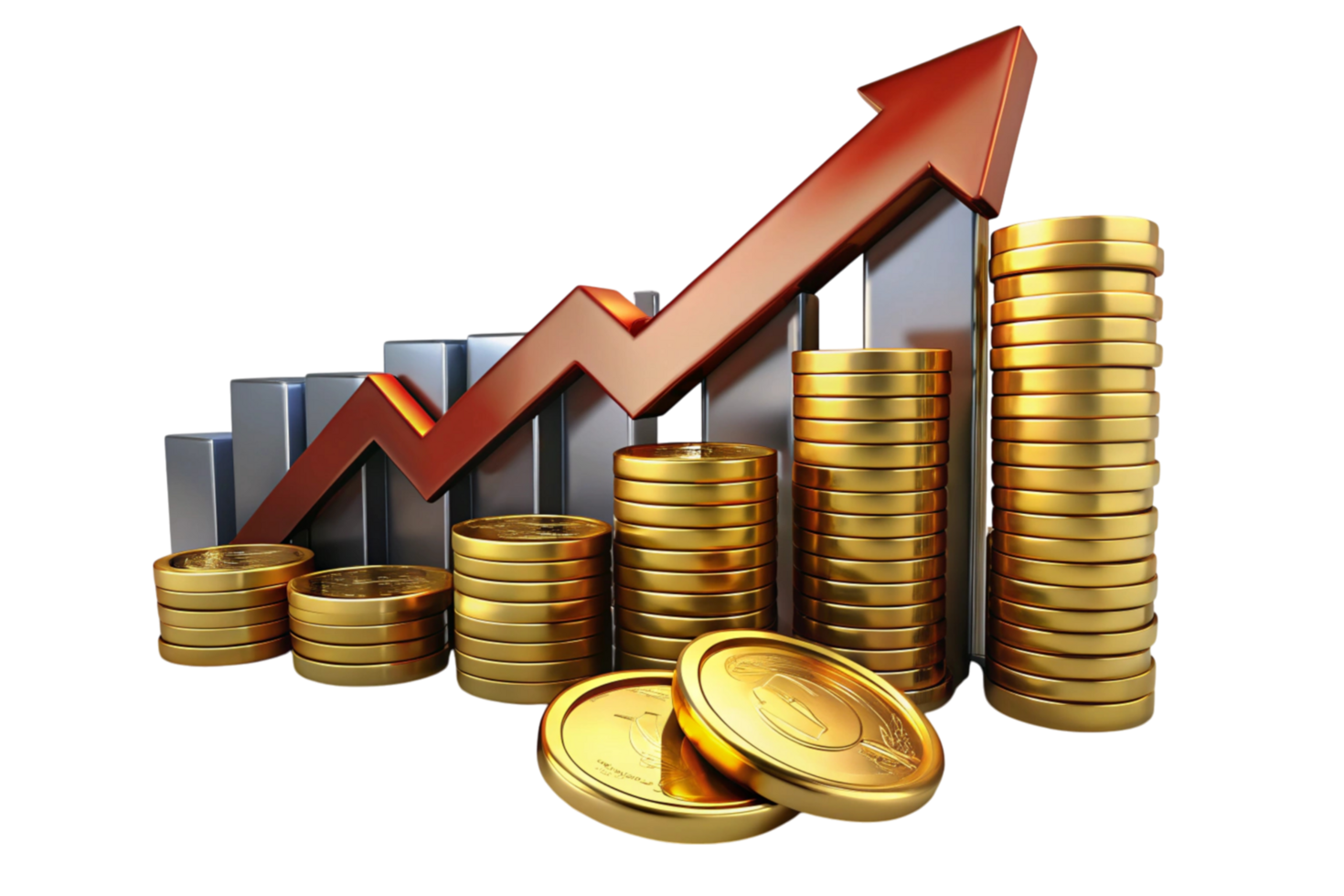 Golden coin stacks with a reflective surface and rising arrow ... Golden coin stacks with a reflective surface and rising arrow ...