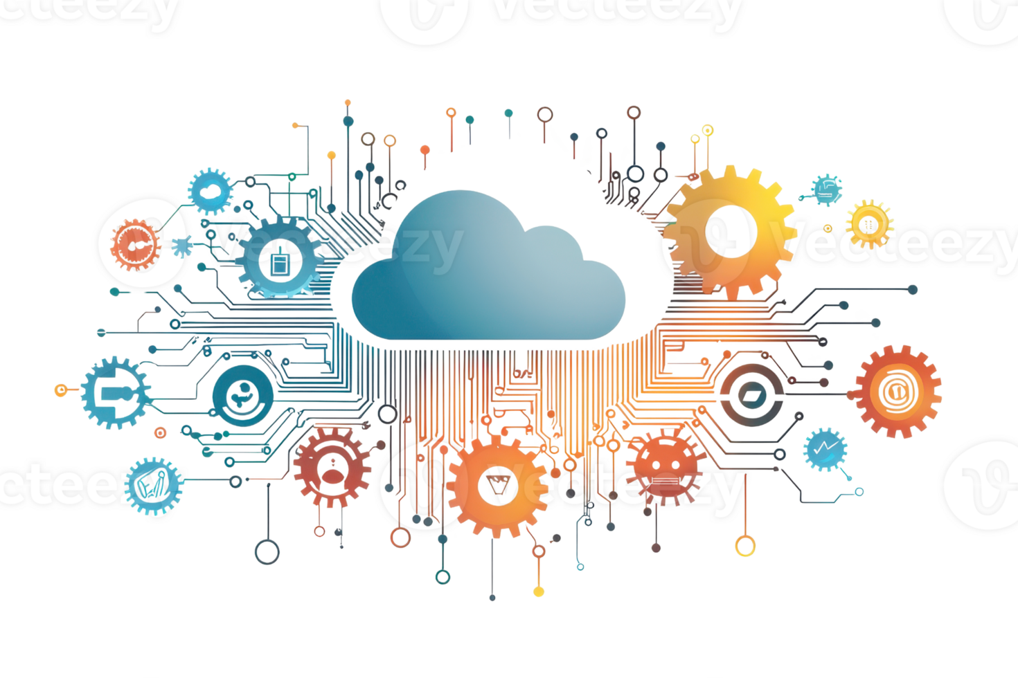 Digital Cloud Computing Concept With Connected Gears And Circuits Symbolizing Modern Technology