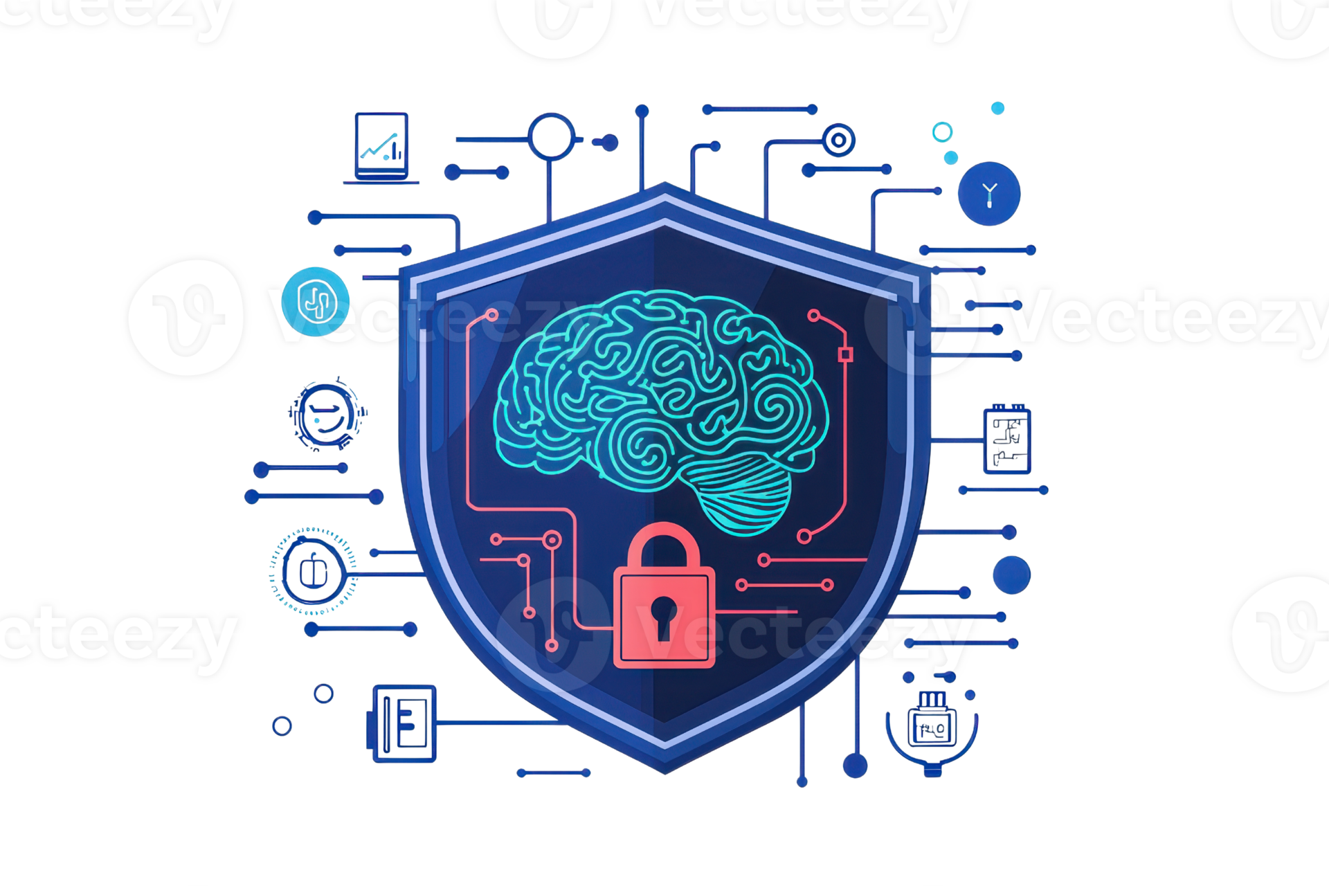 Digital Shield With Brain And Lock Depicting Cybersecurity And Artificial Intelligence Concept