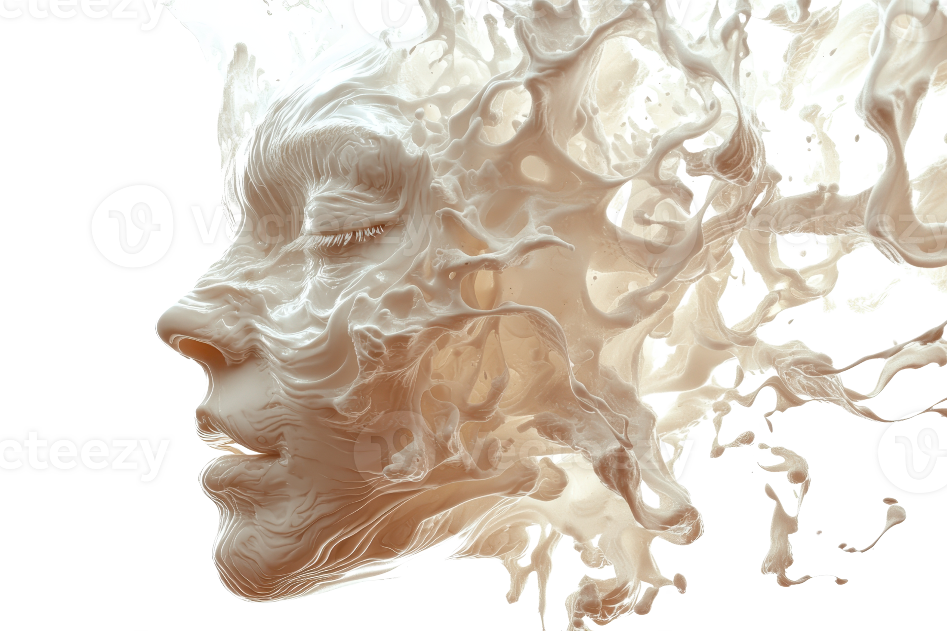 Surreal digital artwork of a human face dissolving into clouds, symbolizing dreams and ...