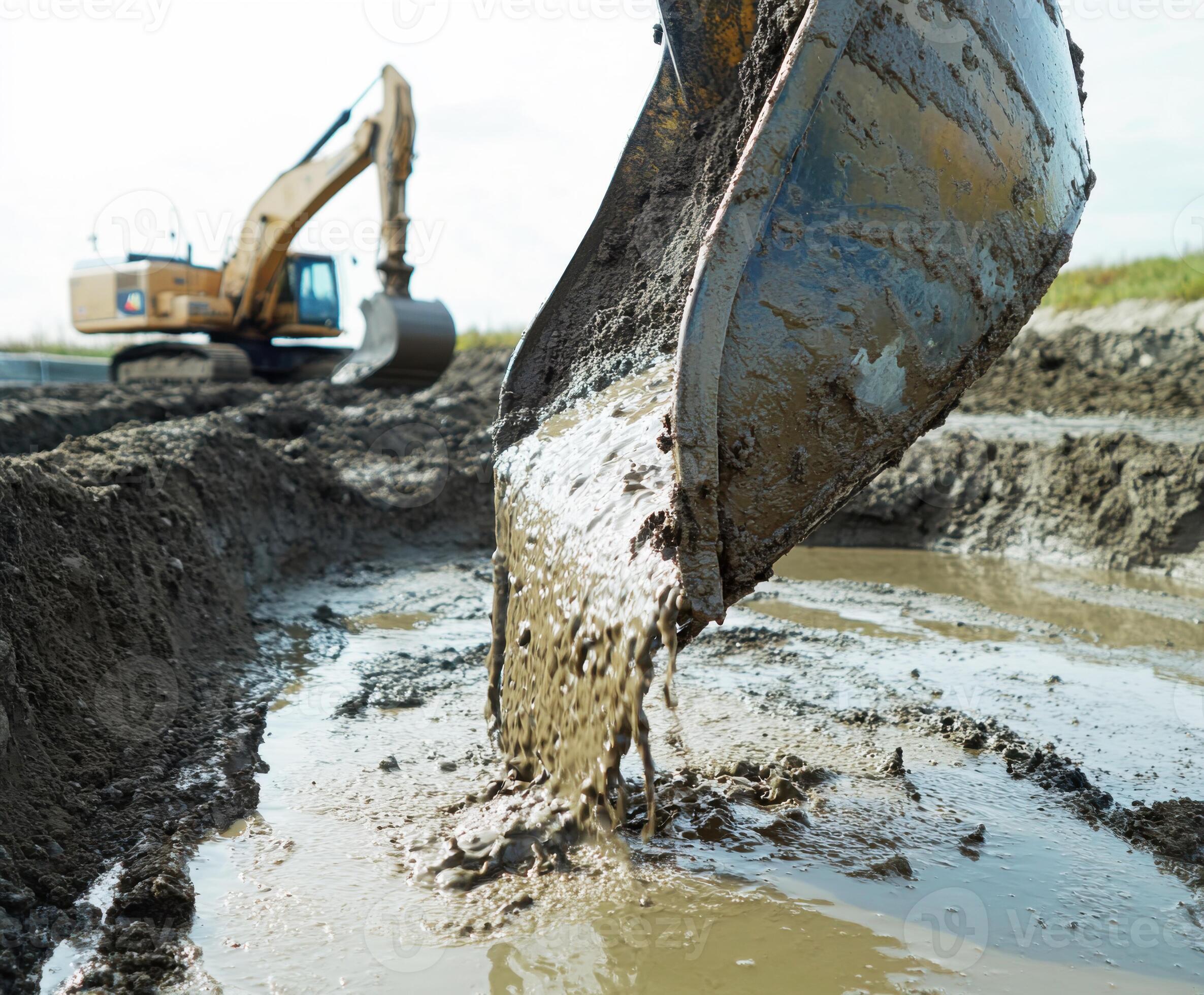 Excavator digging deep into the ground at a construction site during a ...