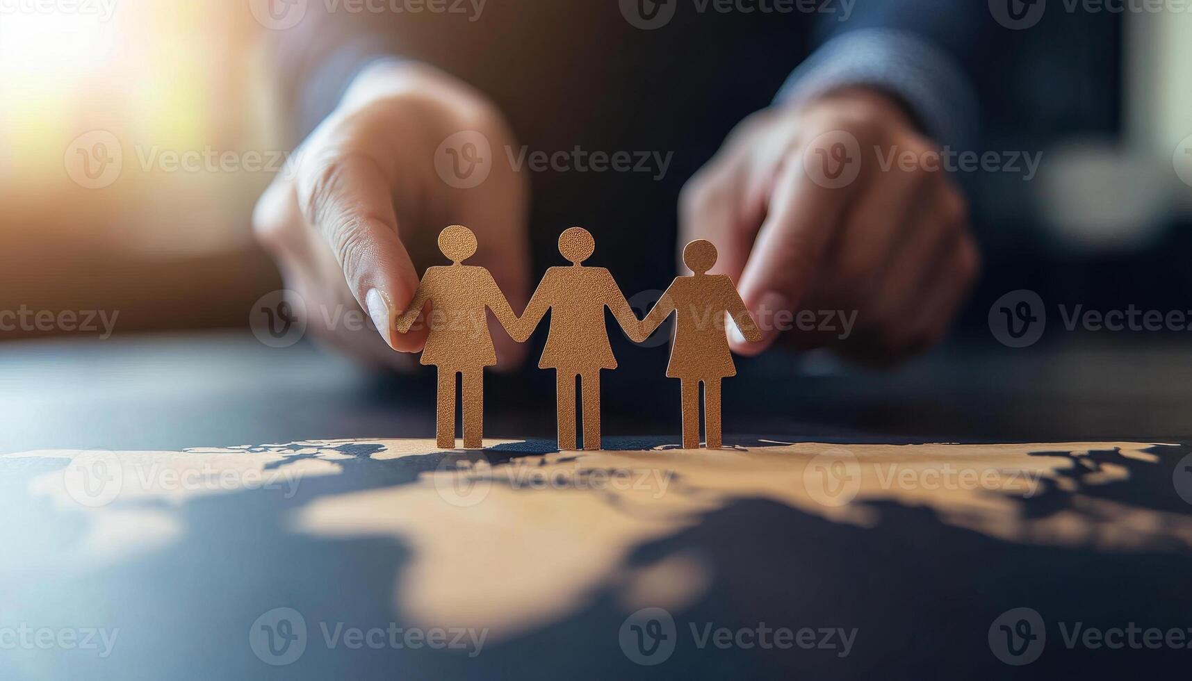 Hands placing cutout figures on world map, symbolizing unity and ...