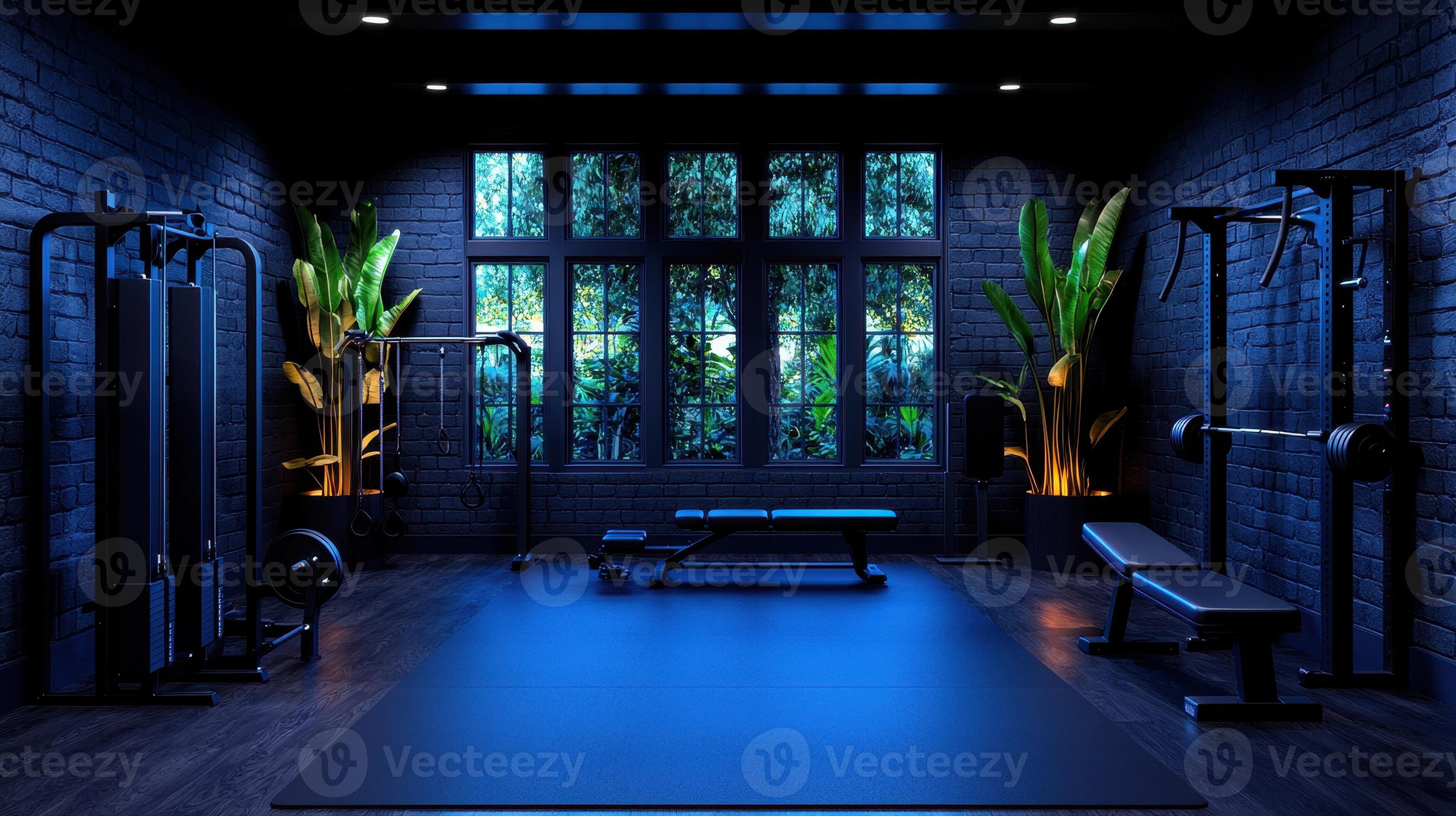 Modern Home Gym Interior with Black Equipment Tropical Plants and Large ... Modern Home Gym Interior with Black Equipment Tropical Plants and Large ...