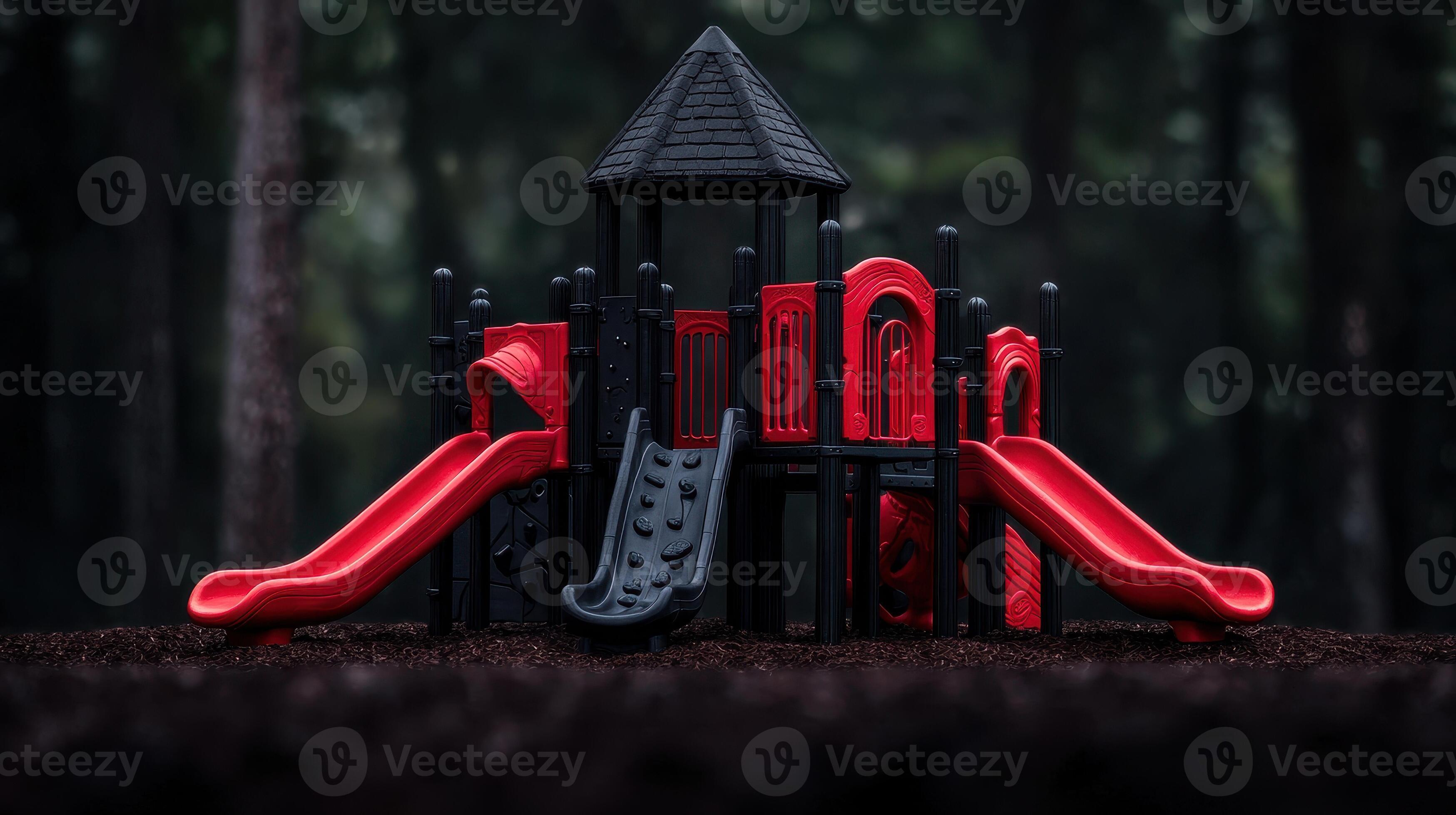 Red and Black Playground Set in Dark Forest Setting Outdoor Kids Play ...