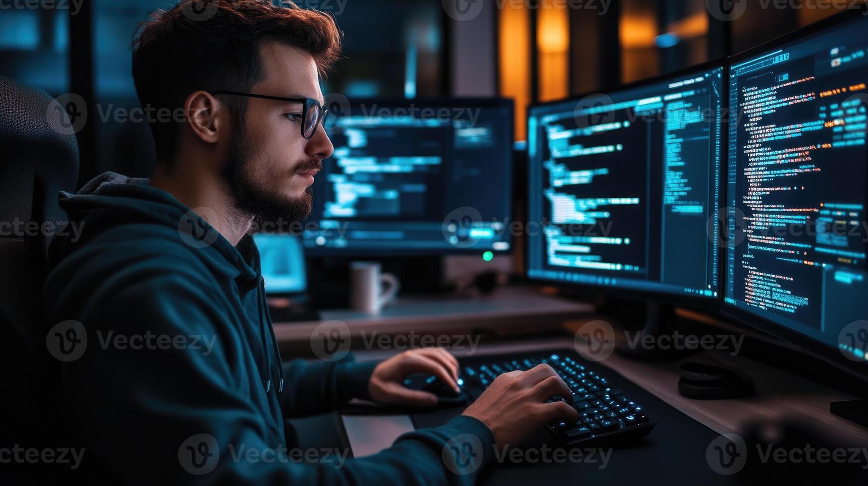 Programmer working late on coding projects using dual monitors 55153273 Stock Photo at Vecteezy
