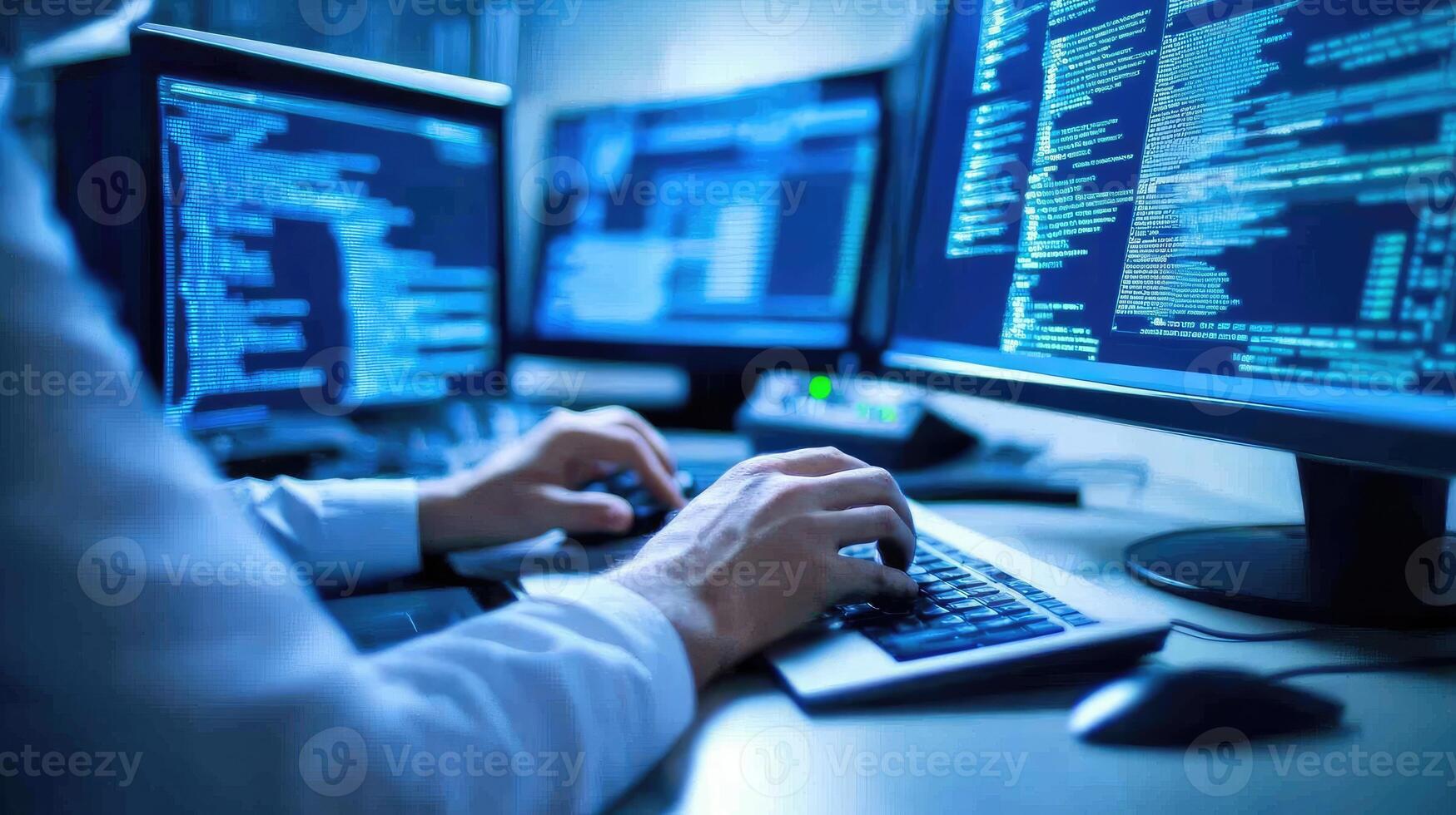 Programmer coding late at night on multiple monitors 55153320 Stock Photo at Vecteezy