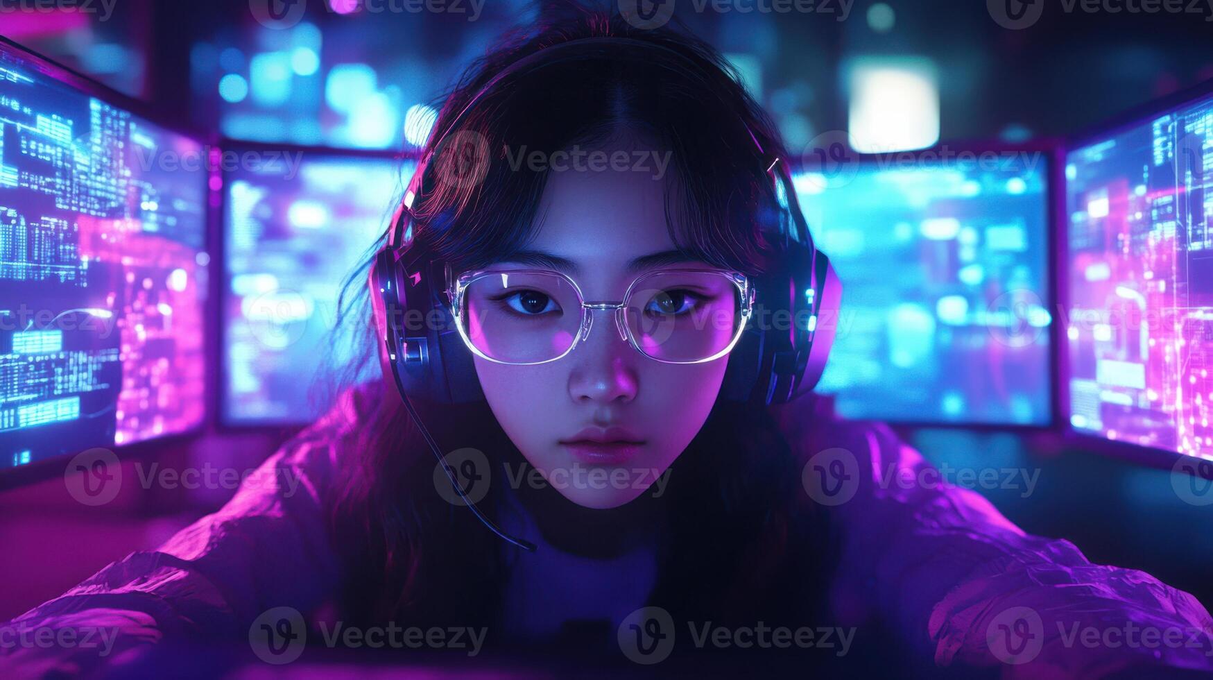 Female gamer immersed in gaming setup with neon lights and multiple screens 55153855 Stock Photo ...