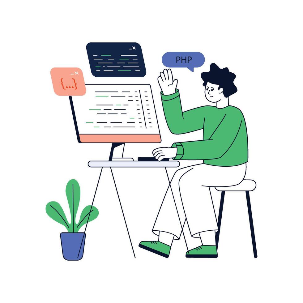 Developer Focusing On Programming Flat Style Design illustration. Stock ...