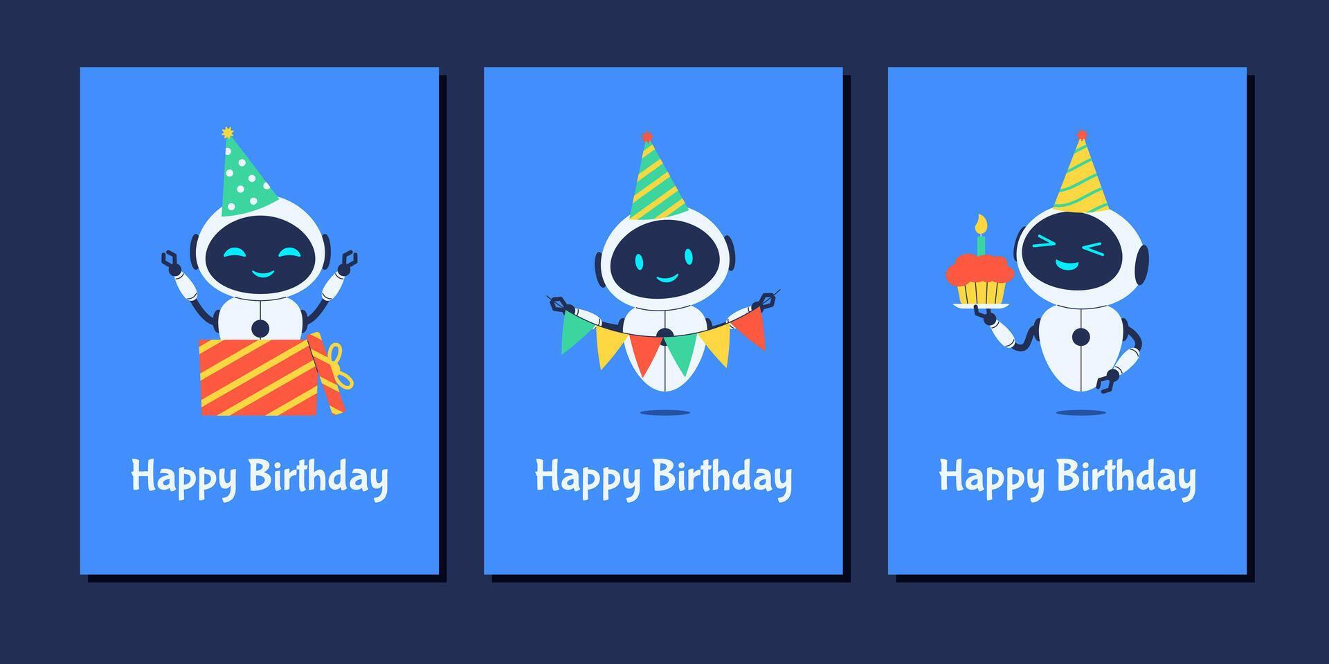 Set of birthday cards with robots and festive decorations. illustration ...
