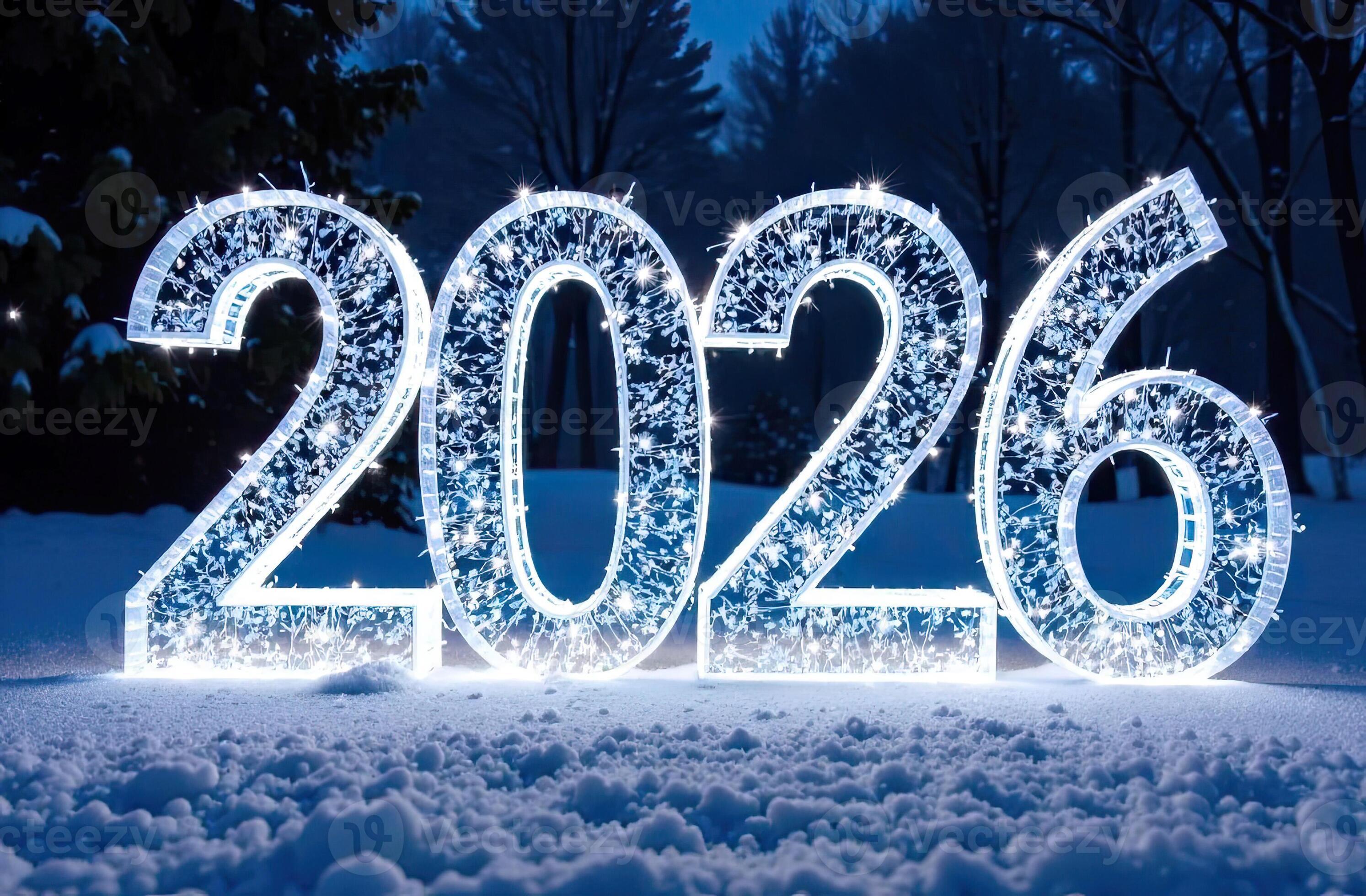 Transparent icy blue numbers 2026 on snowy New Year background with golden bokeh garlands ...