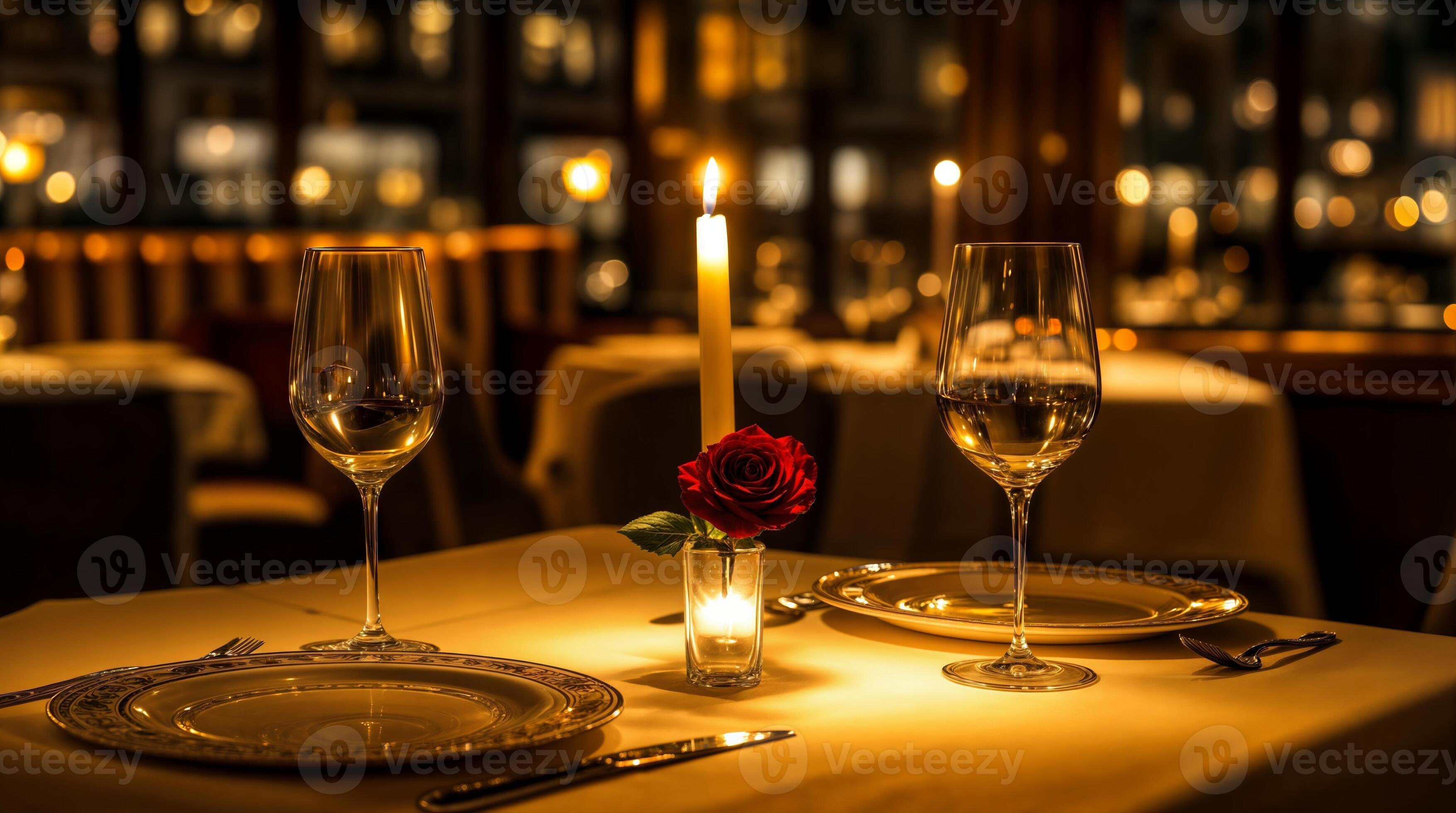 Romantic dinner table setting with wine glasses and candlelight 55173729 Stock Photo at Vecteezy