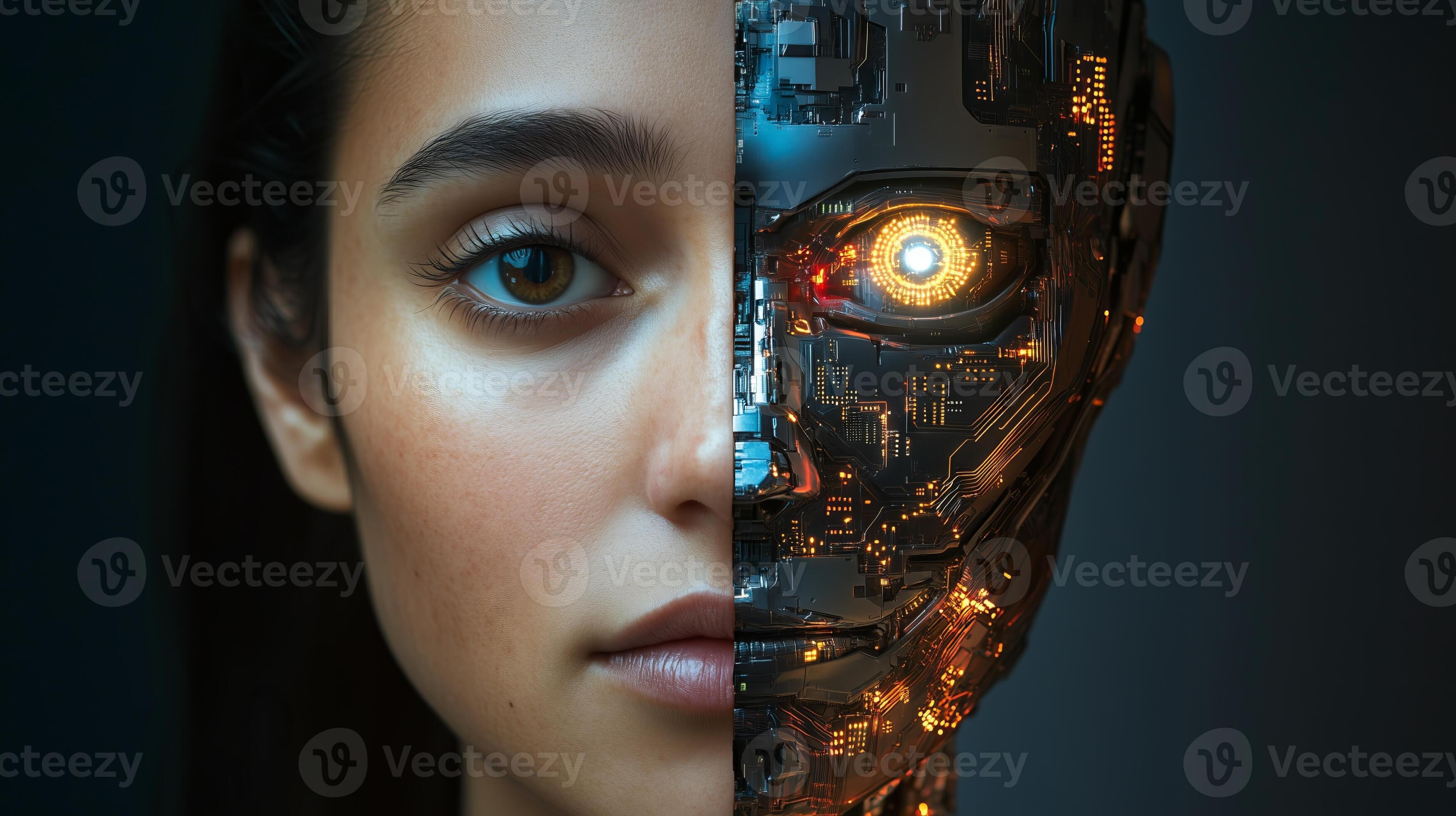 Woman merging with artificial intelligence, half human, half robot face ...