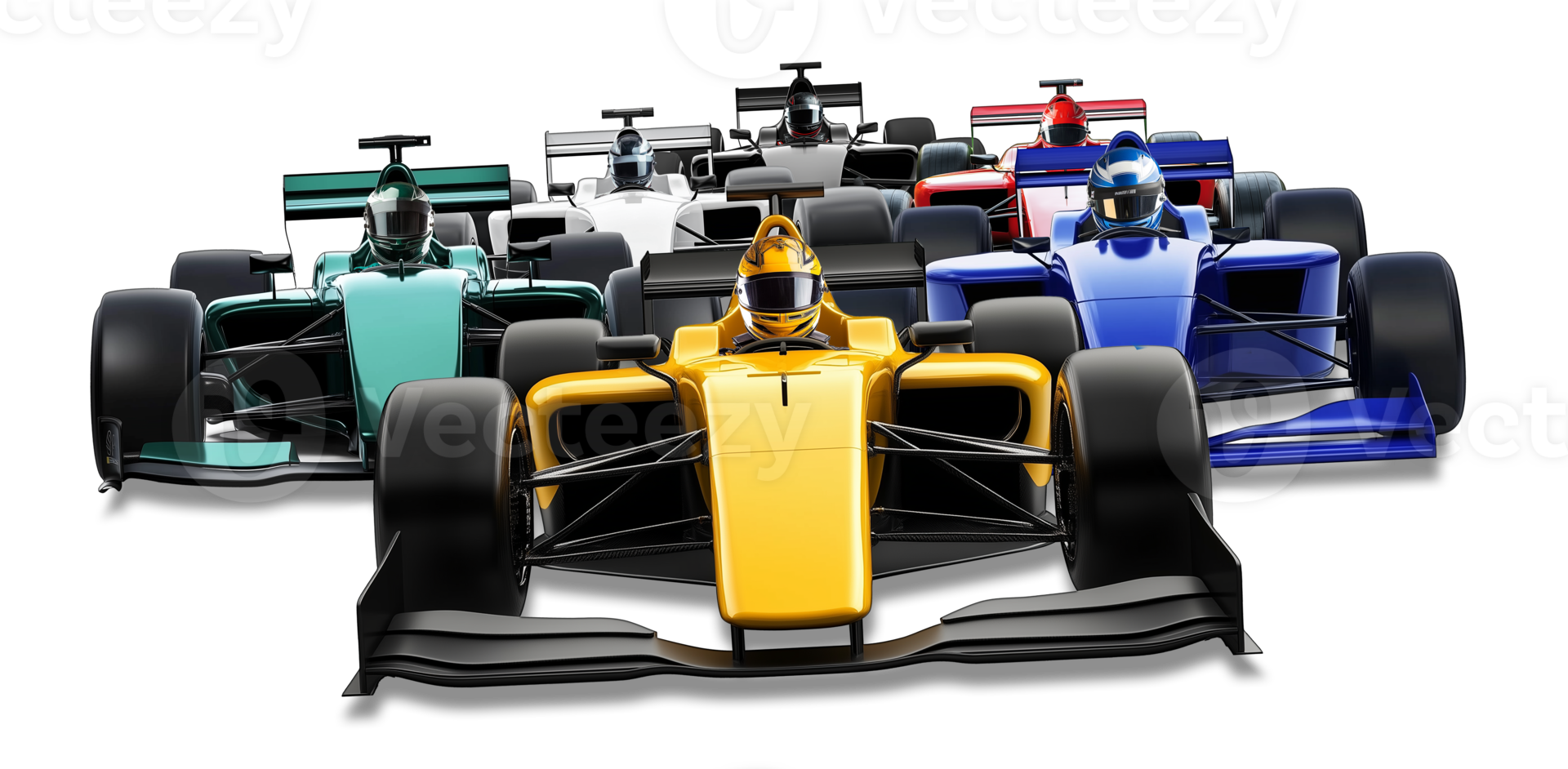 Pack or group of colorful formula race cars in yellow blue red green and black racing in ...