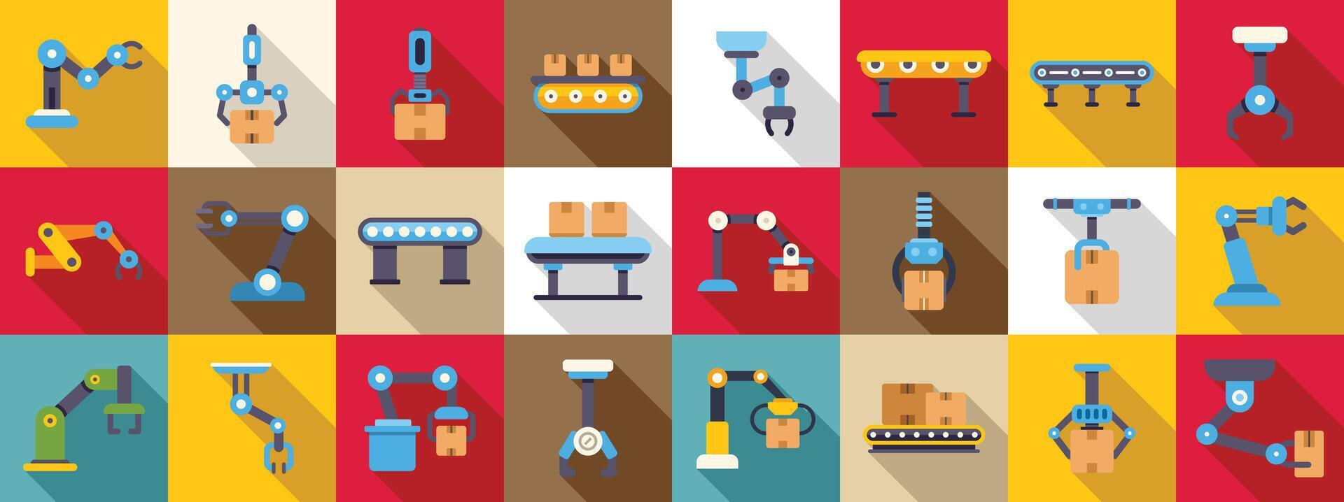 Robot conveyor belt icons set. Robotic arms handling packages in a modern automated assembly ...