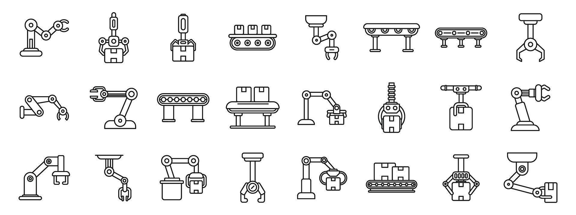 Robot conveyor belt icons set. Robotic arms handling packages and boxes on assembly lines ...