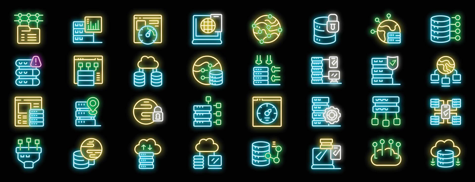 Data storage and management, neon icons illustrating server operations, cloud computing, and ...