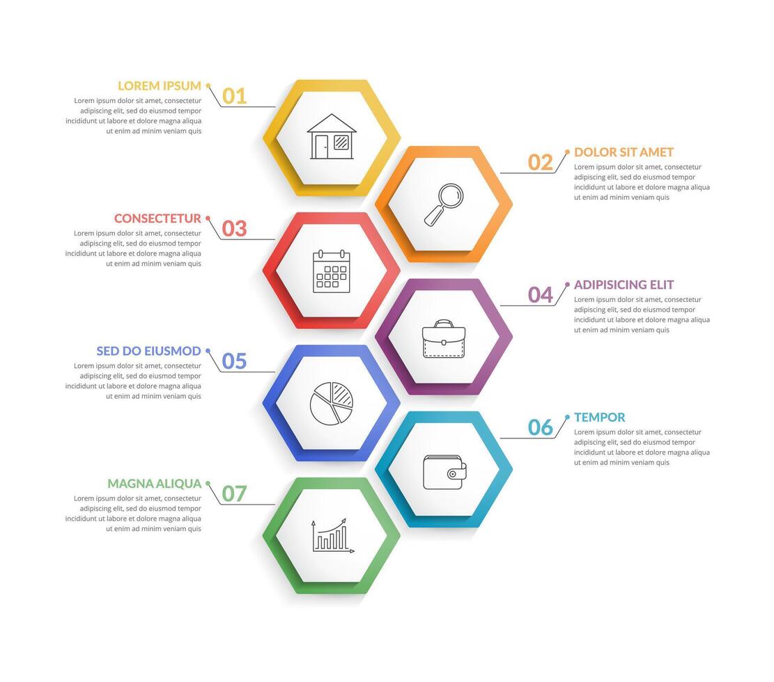 Infographic template with 7 hexagons with line icons, process chart ...