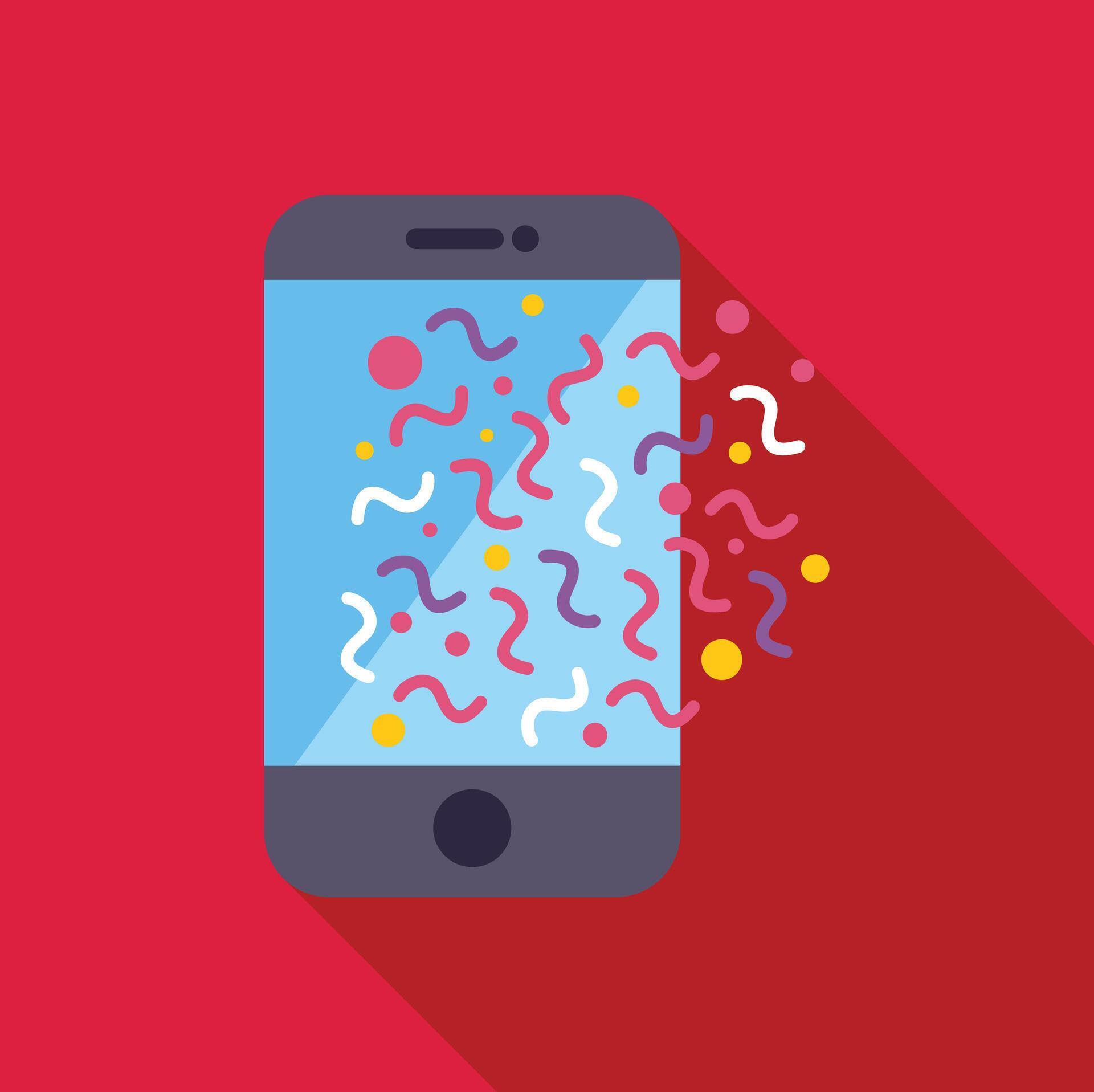 Smartphone showing confetti and streamers exploding from the screen ...
