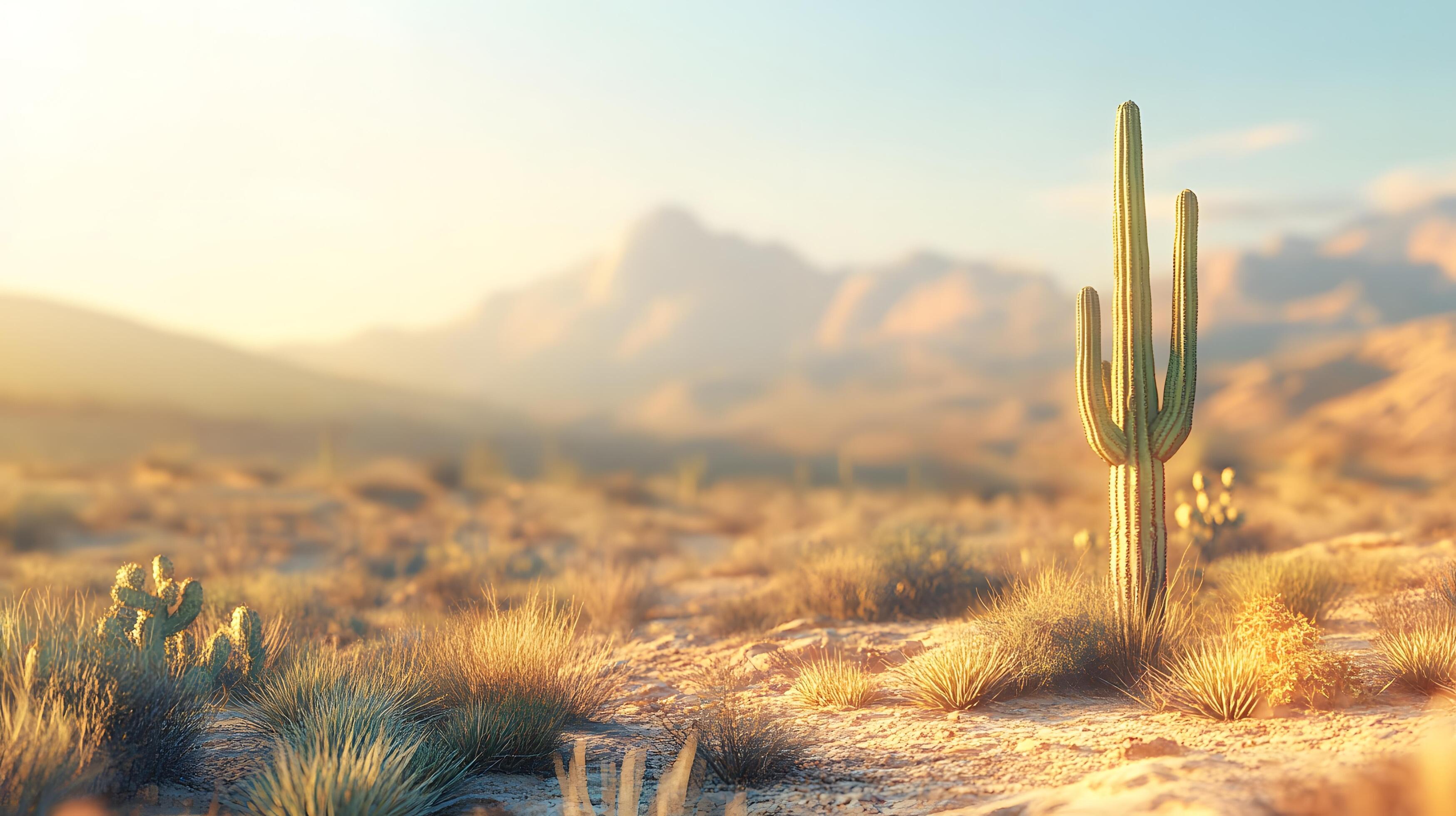 Desert landscape features towering saguaro cactus against soft bokeh background with arid ...