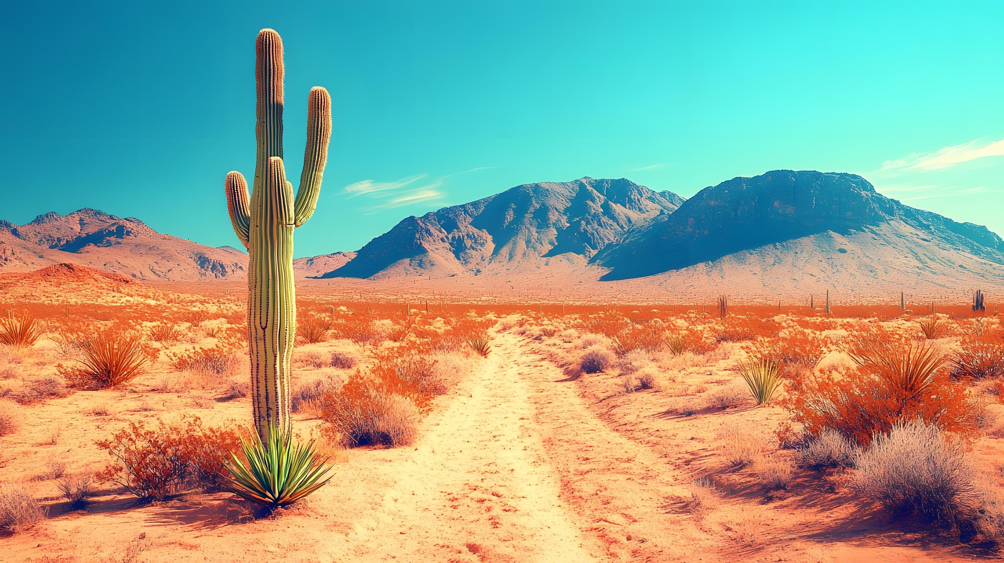 Desert landscape features towering saguaro cactus against soft bokeh background with arid ...