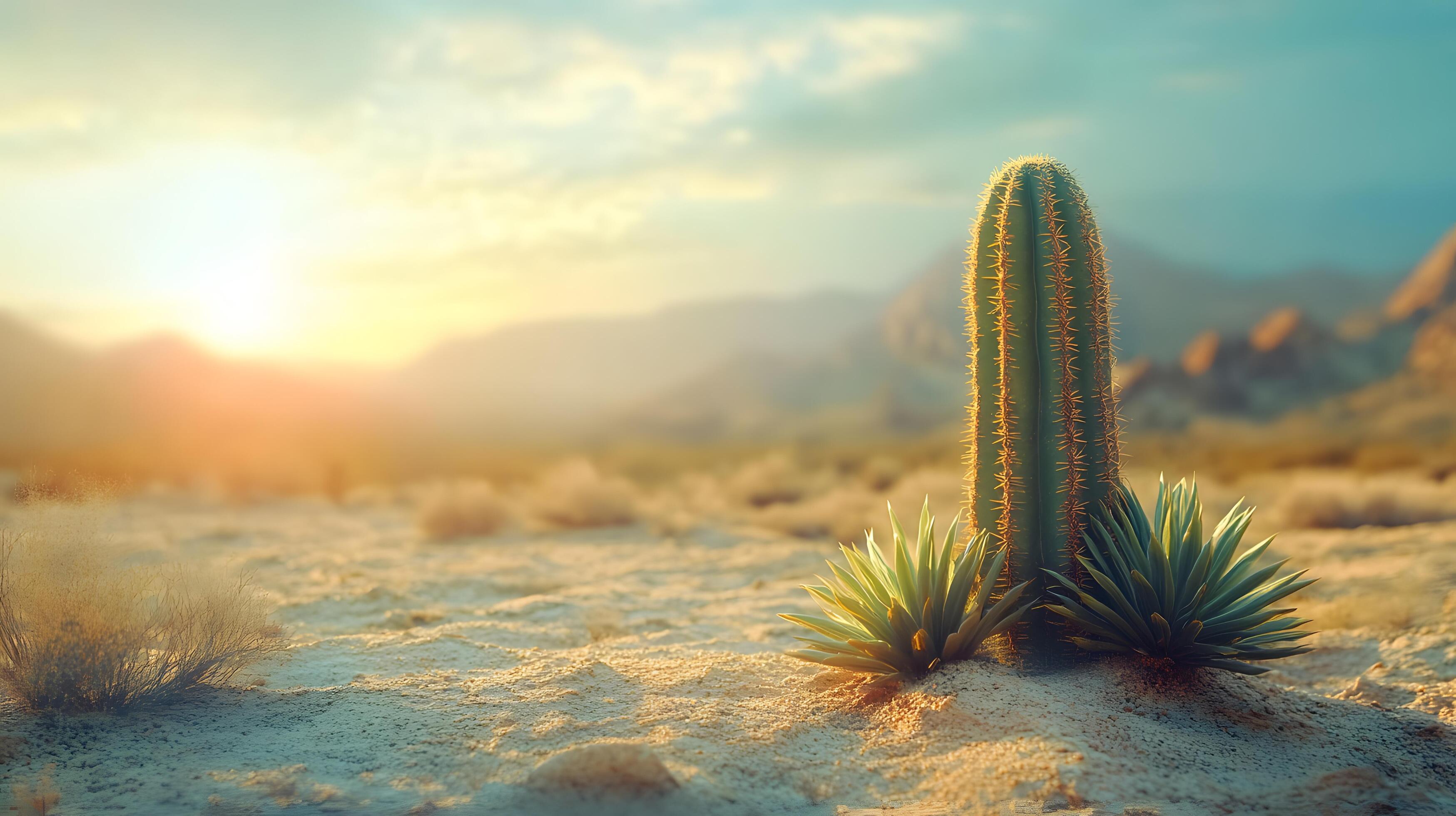 Desert landscape features towering saguaro cactus against soft bokeh background with arid ...