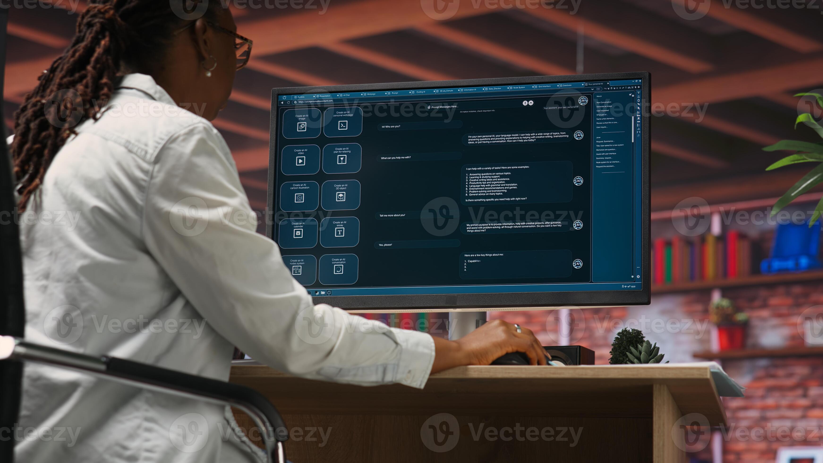 Student at home using AI LLM chatbot software to get help with solving homework. Girl requesting ...