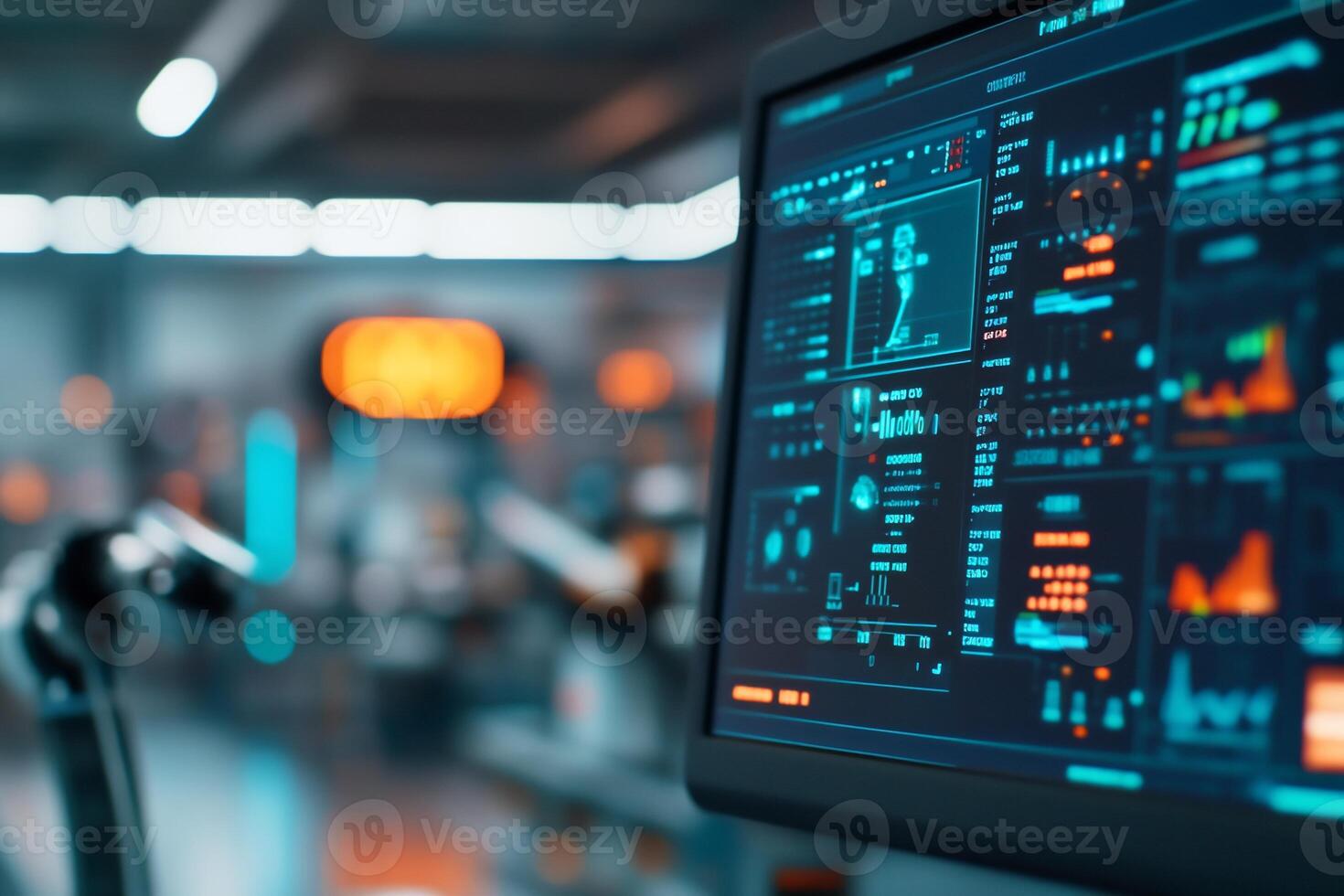 A high-tech monitor displays data analytics in a modern lab environment ...