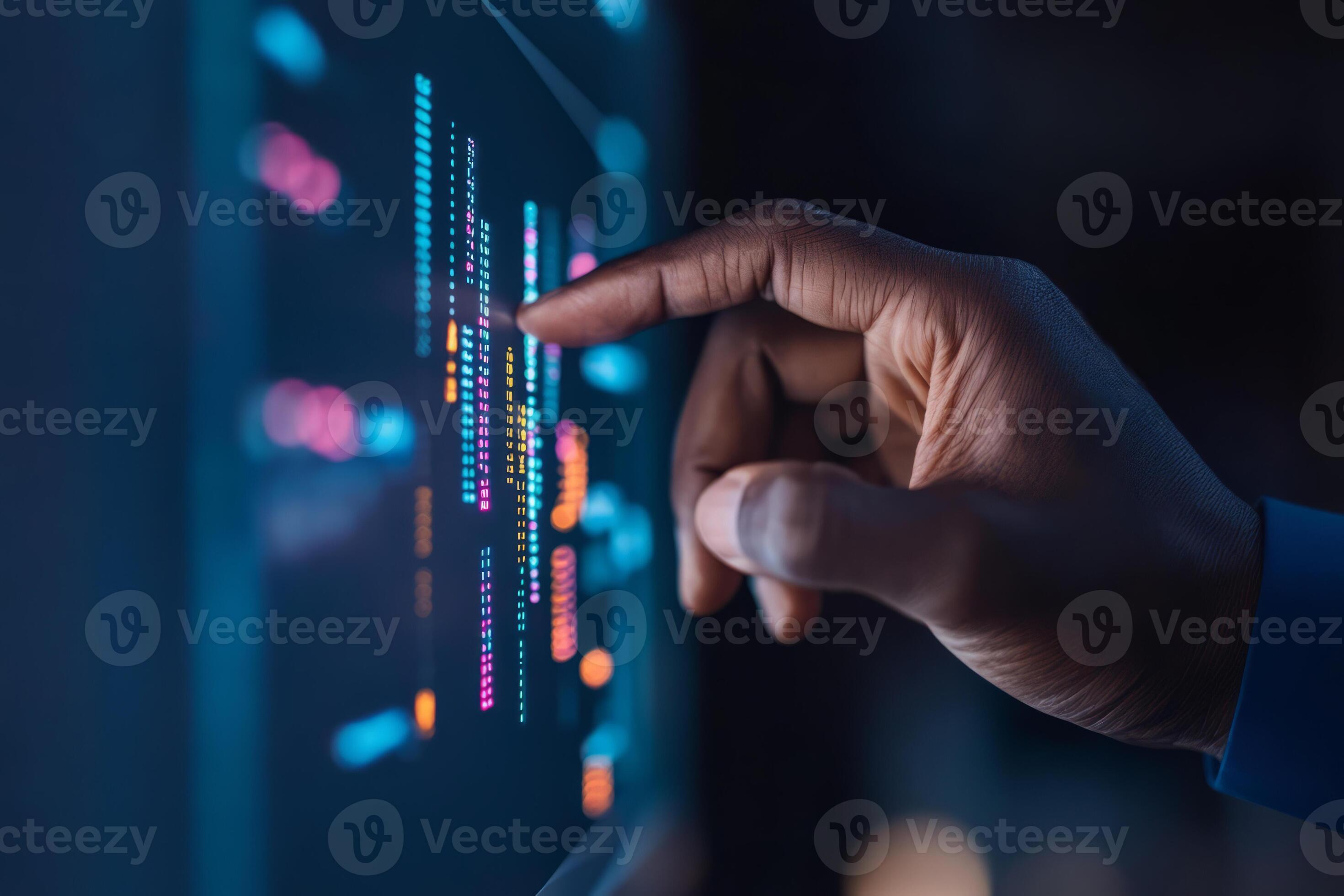 Hand touching a point on a digital binary code interface 55203817 Stock Photo at Vecteezy