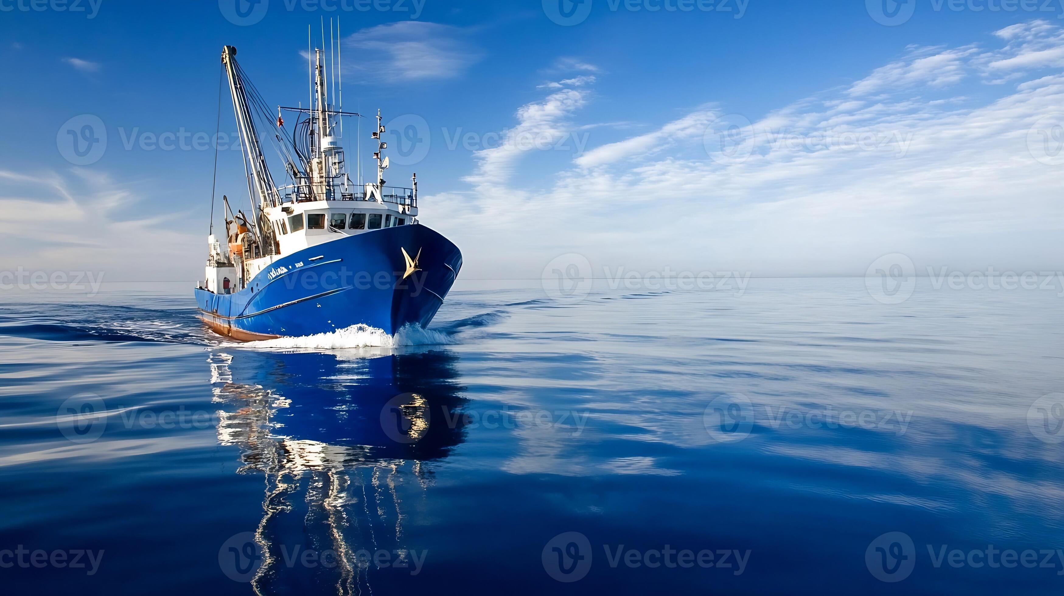 Blue fishing trawler navigating the vast ocean showcasing maritime industry and livelihood ...