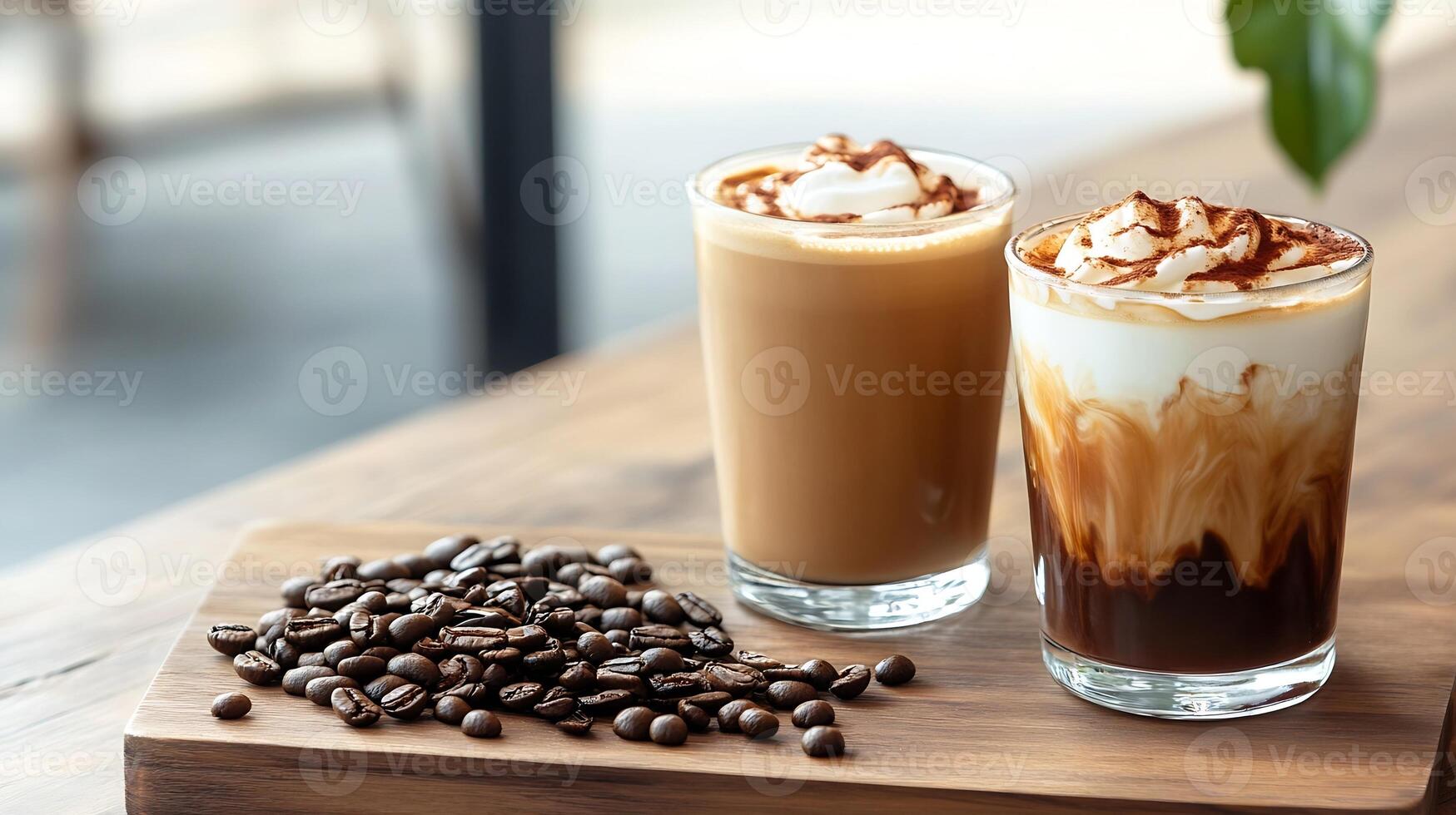 Refreshing Iced Coffee and Latte with Coffee Beans on Rustic Table 55215007 Stock Photo at Vecteezy