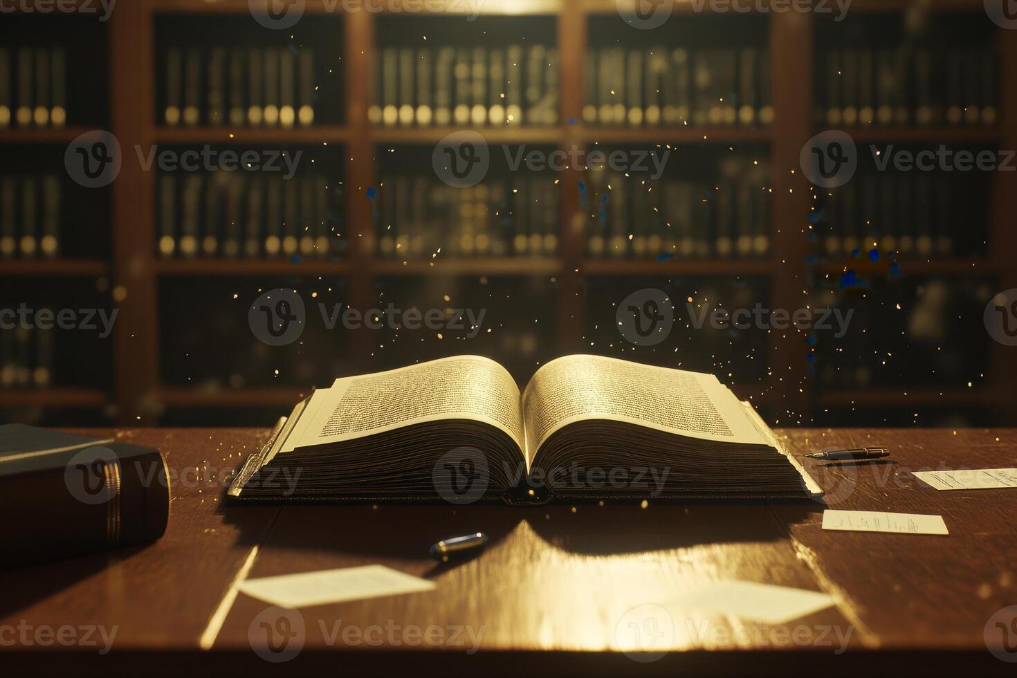 Magical open book on wooden table with floating dust particles in library 55222387 Stock Photo ...