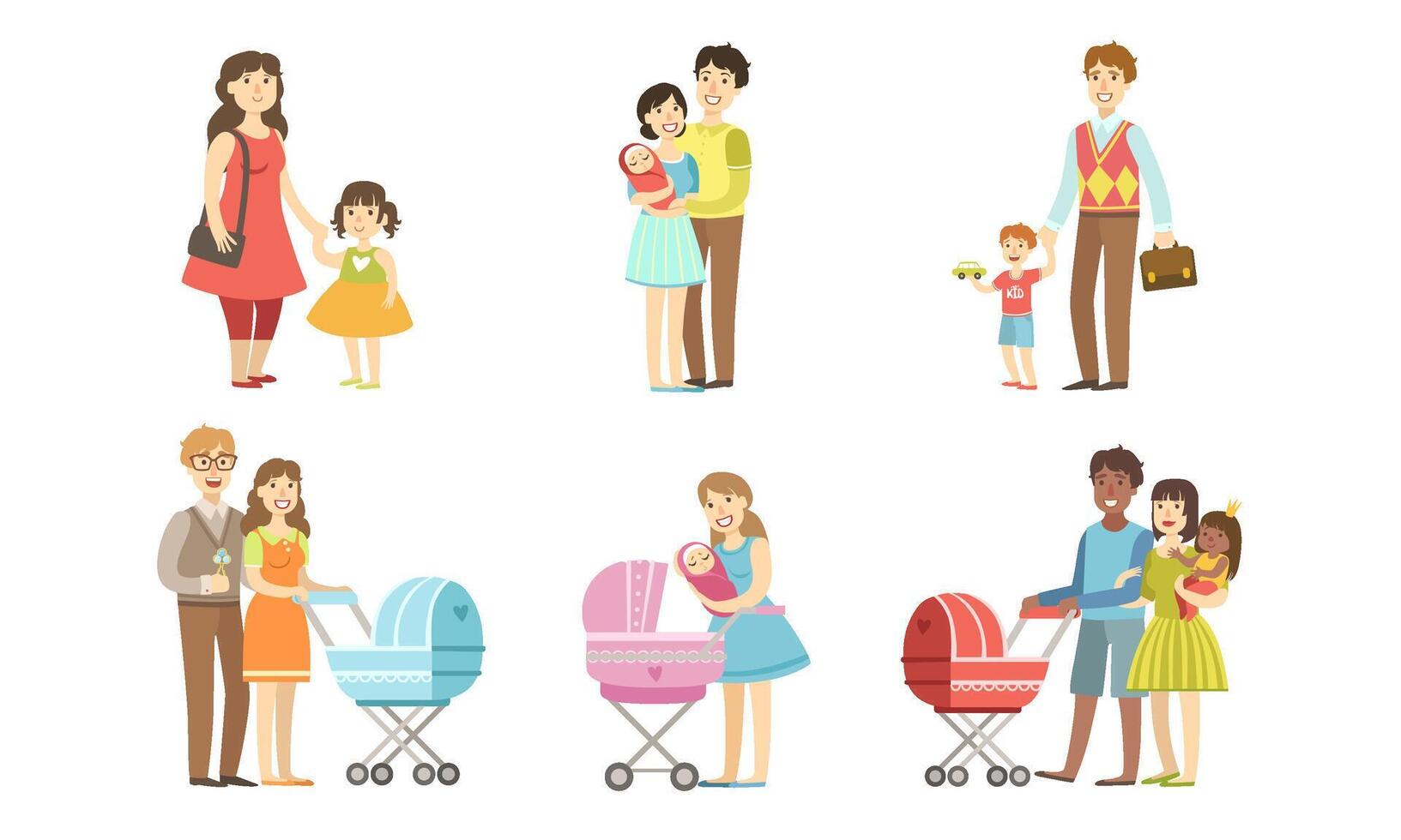 Parents Daily Routine Activities Set, Mothers and Fathers Walking with Their Children Concept ...
