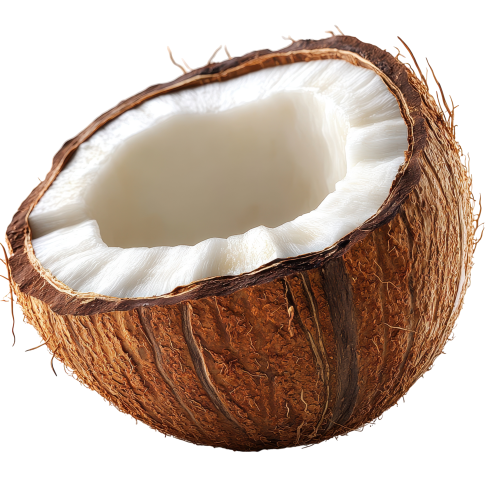 Fresh coconut cut in half, revealing white flesh and brown shell on a ... Fresh coconut cut in half, revealing white flesh and brown shell on a ...