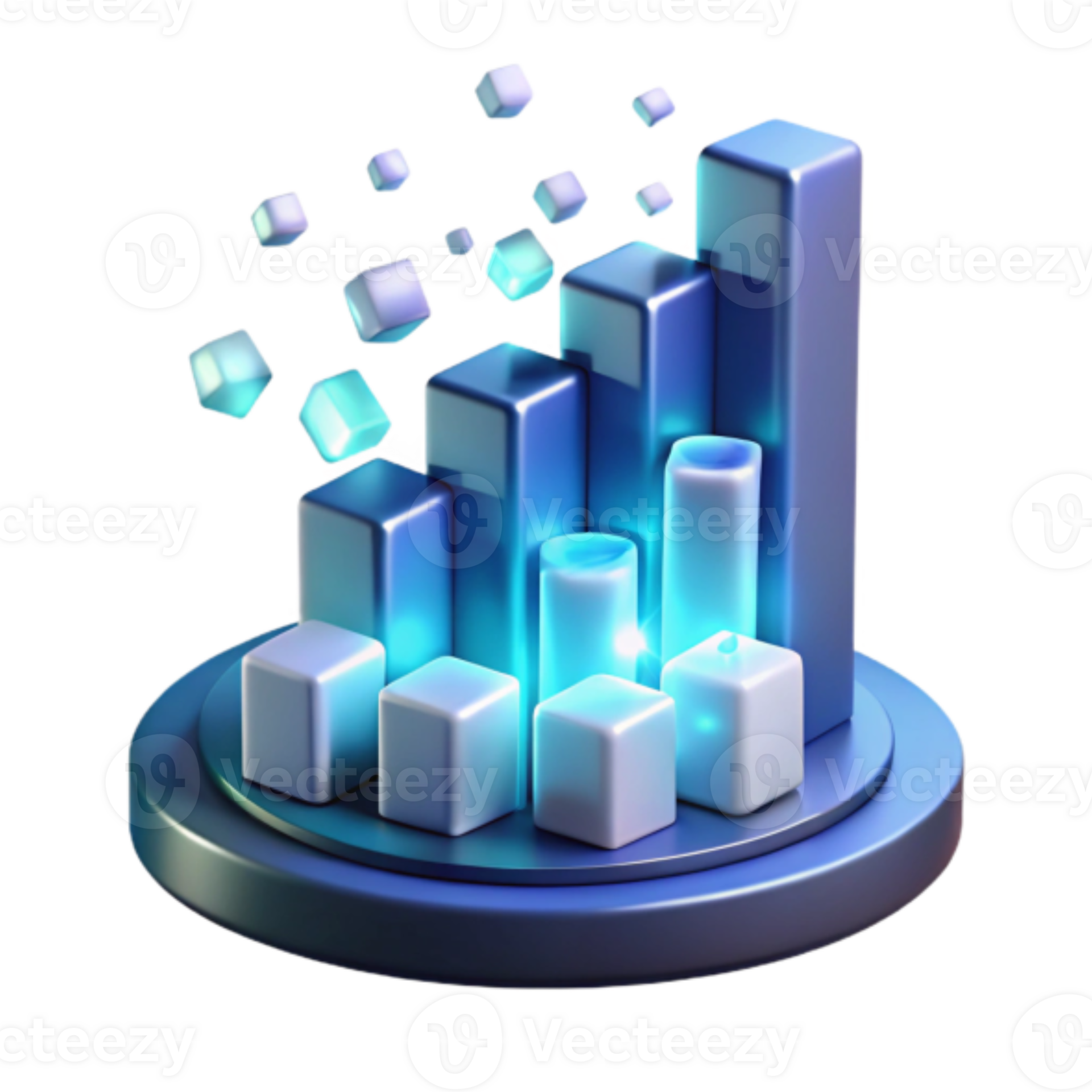 3D Render of Glowing Blue Cubes and Bar Graph, Abstract Data ...