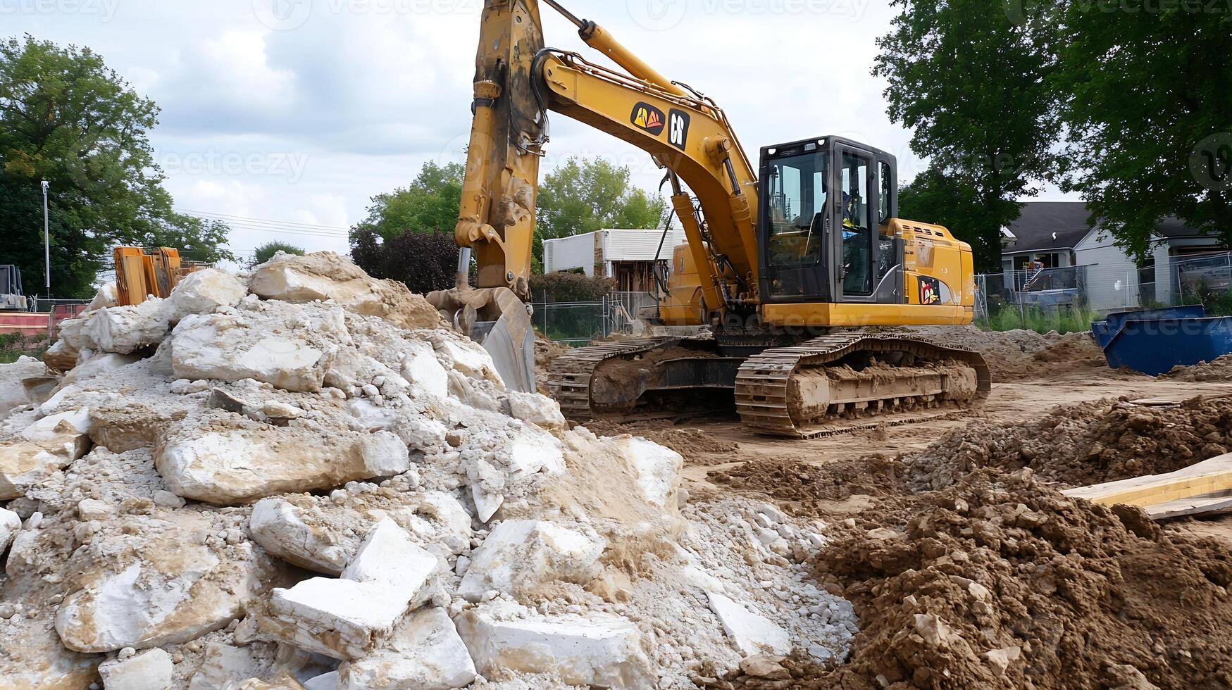 Heavy Excavator Breaking Concrete Rubble at Groundwork Construction ...