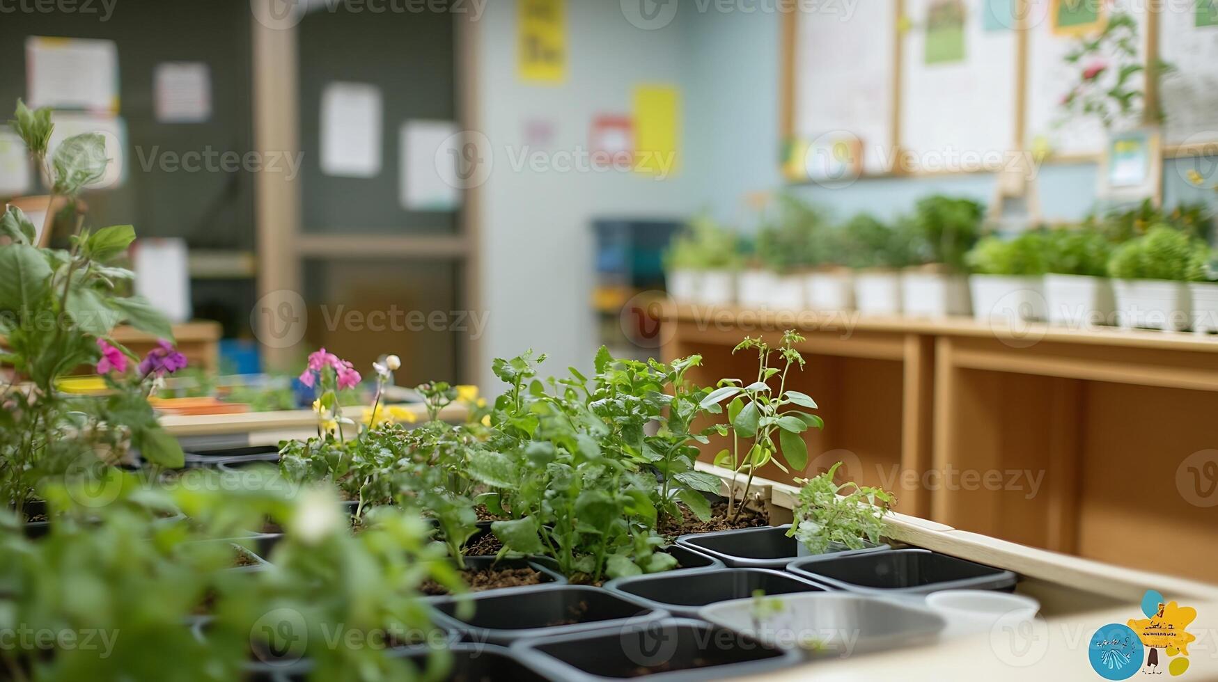 salón de clases hierba jardín con Fresco verde plantas para educativo y ambiental aprendizaje ...